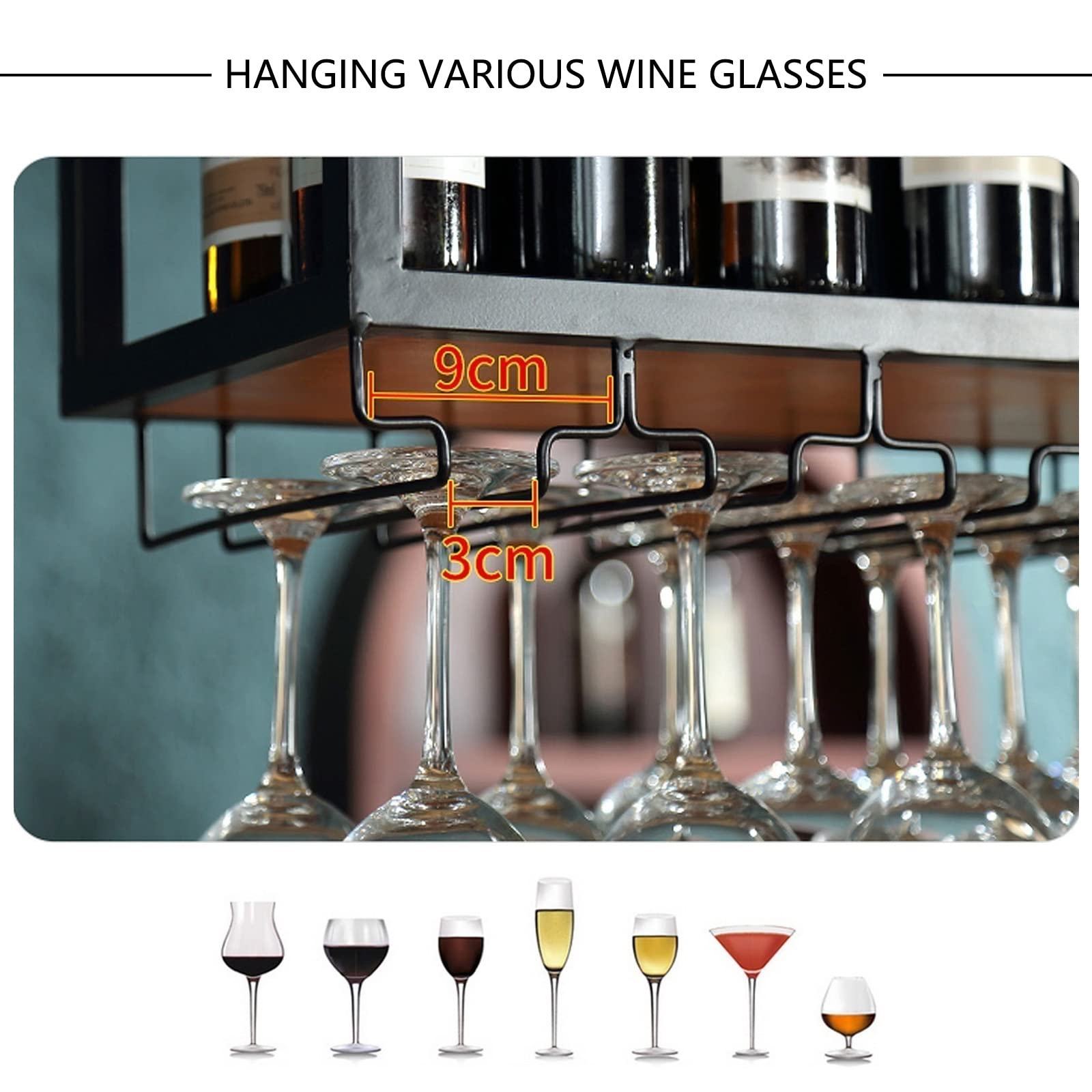 SPTZQURY Ceiling Wine Glass Rack - 31.4in Hanging Wine Rack with Glass Holder and Shelf, Height Adjustable Industrial Hanging Wine Bottle Holder, Black Metal Ceiling Shelf for Bar Cafe Kitchen