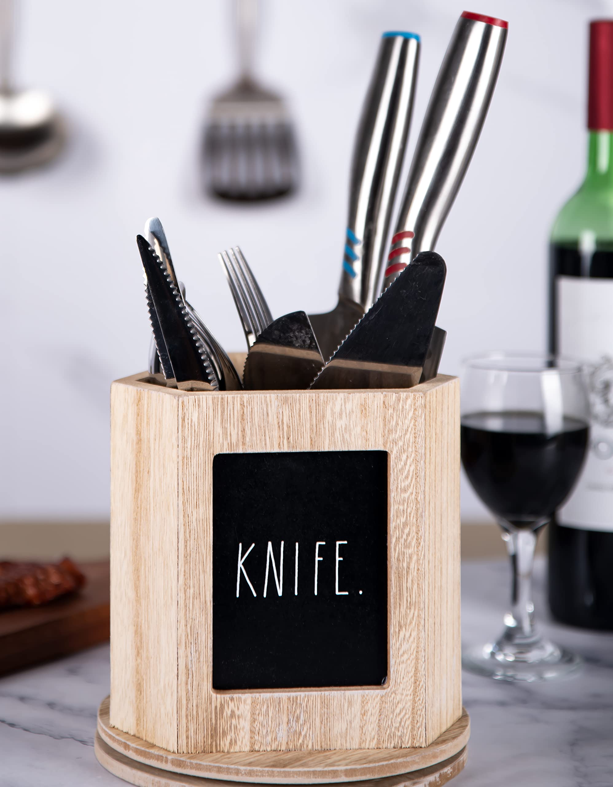 Rae Dunn Kitchen Spinner - Wooden Kitchen Organizer for Forks, Knives & Spoons β Silverware Organizer - Small Rustic Wood Caddy for Kitchen Utensils and Cutlery β Stylish Organization for Home Decor