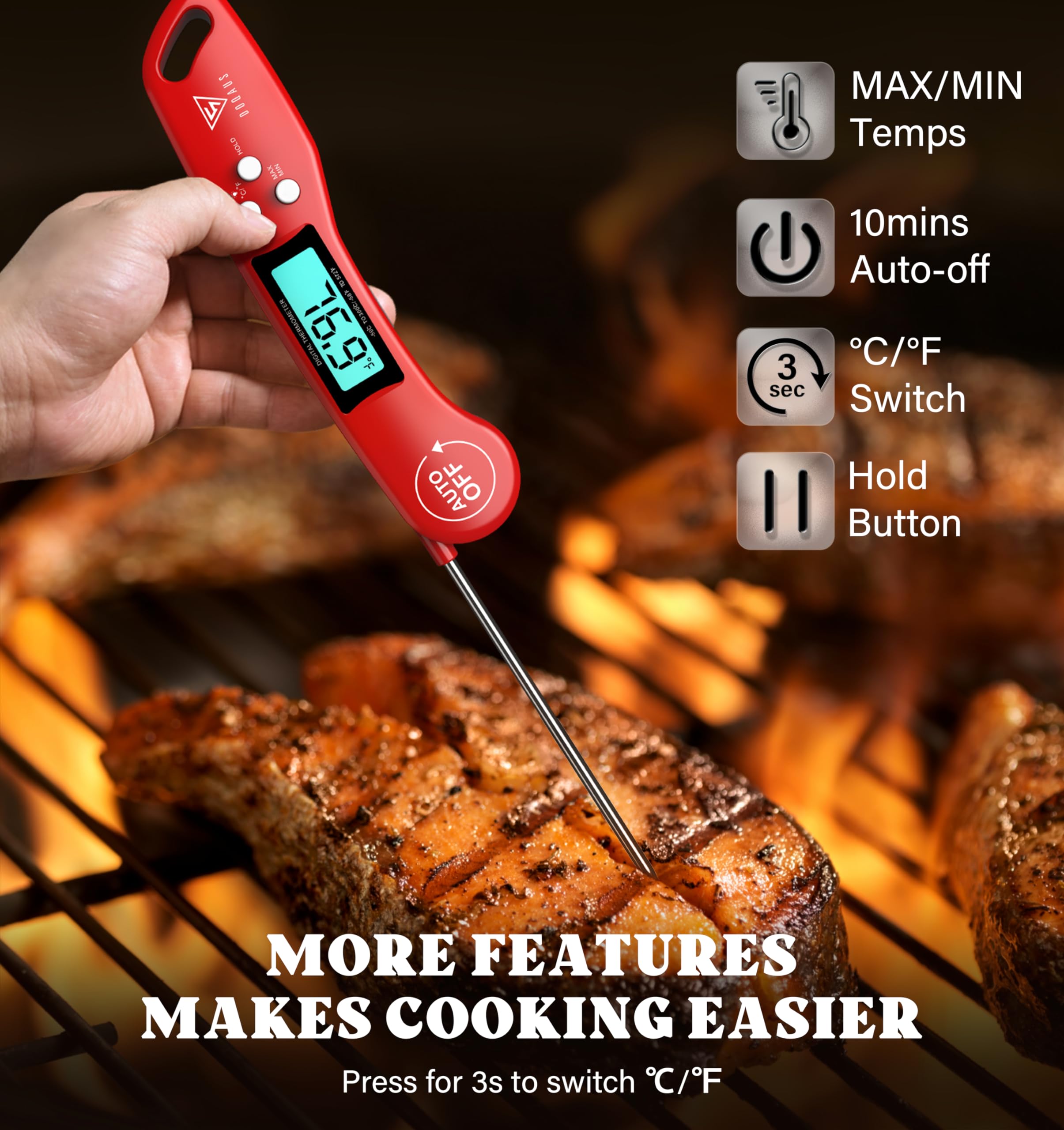 DOQAUS Digital Meat Thermometer, Instant Read Food Thermometer for Cooking, Kitchen Thermometer Probe with Backlit & Reversible Display, Cooking Thermometer Temperature for Turkey Grill BBQ Candy
