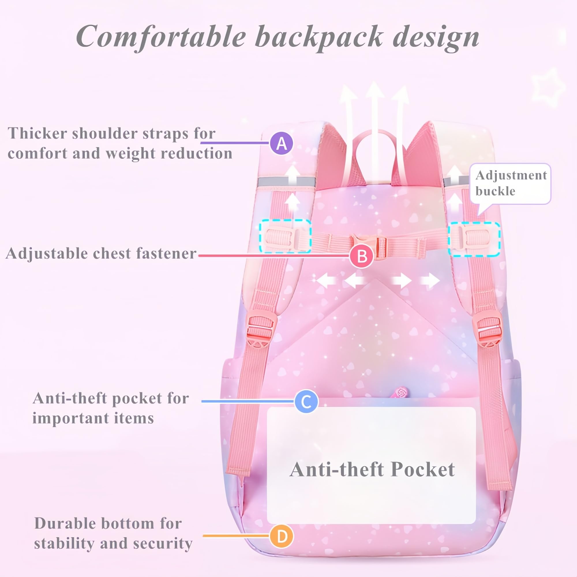Girls Backpack, Kids Backpacks for Girls, Cute Gradient Kids Bookbags with Compartments Elementary School Bag for Teens