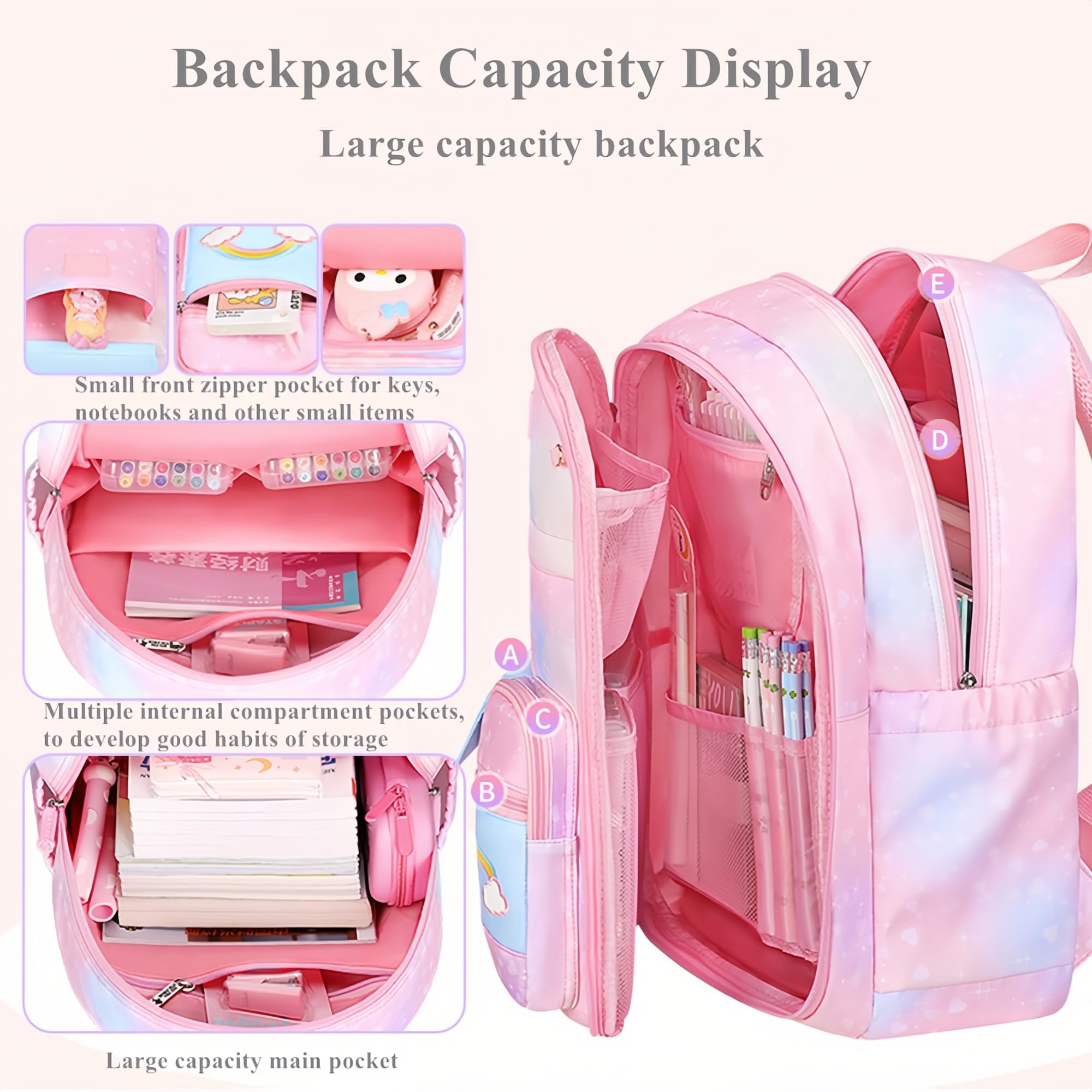Girls Backpack, Kids Backpacks for Girls, Cute Gradient Kids Bookbags with Compartments Elementary School Bag for Teens