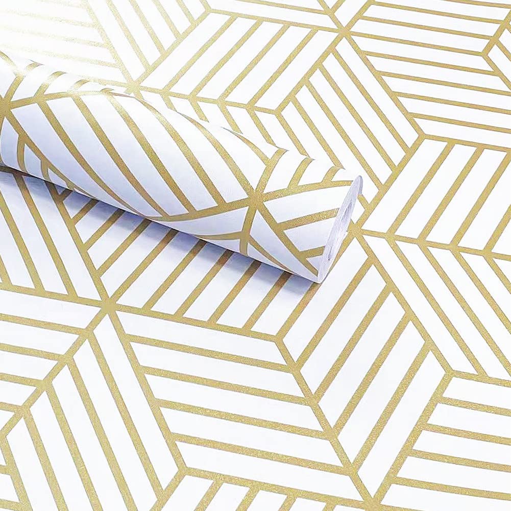 WY-BSO Floral Contact Paper Shelf Liner self-Adhesive Decorative Shelf Drawer Liner Sticker Vintage Peony 17x78 Inches (White and Gold Geometry)
