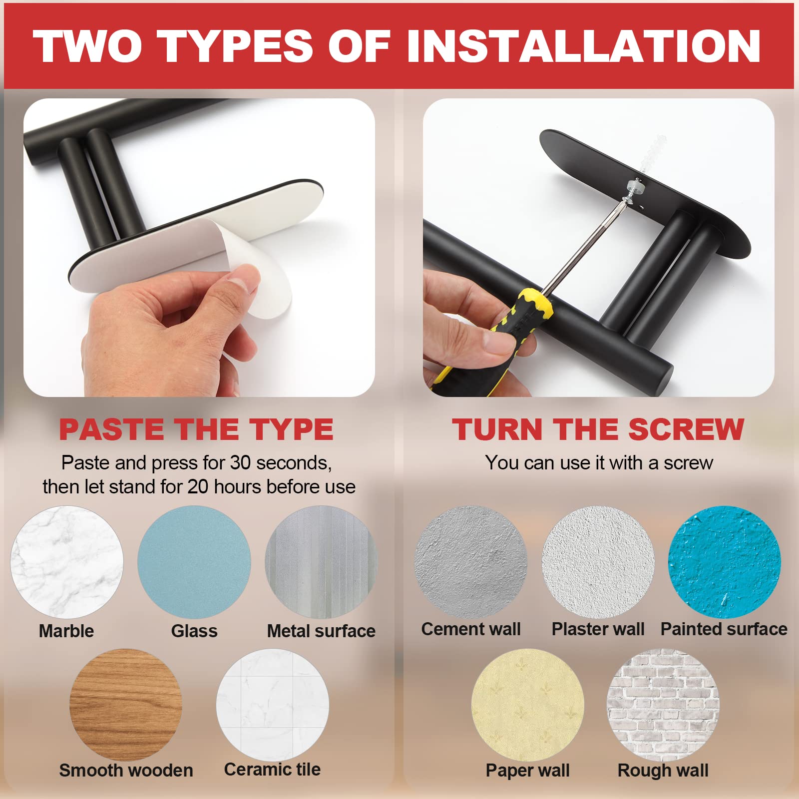 Paper Towel Holder Under Cabinet, Stable Mounted Paper Towel Rack for Kitchen, Firm Two Rod Bearing Paper Towel Rolls Holder, Adhesive or Screw Fixing Surface Bar, Stainless Steel Black