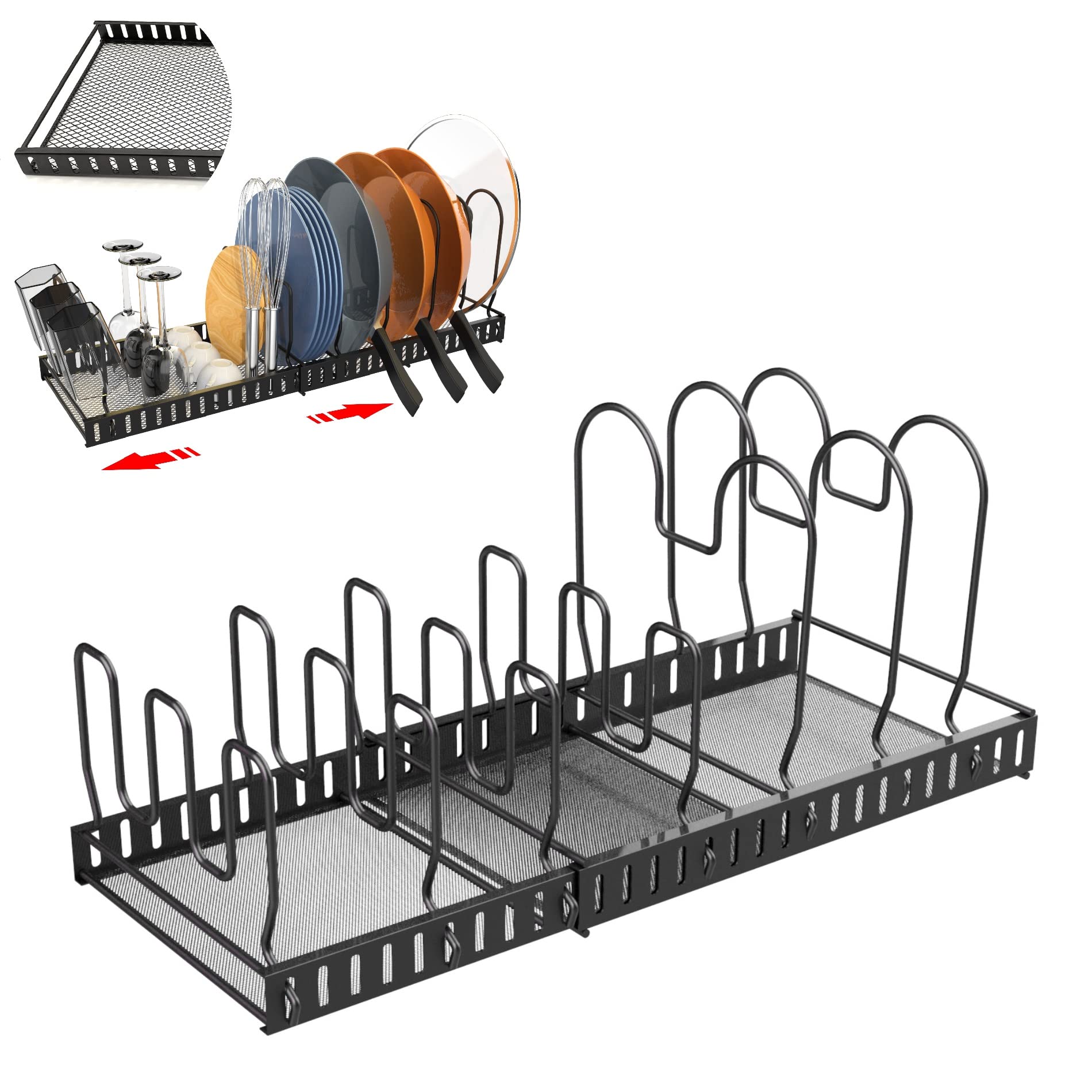 EMT ETRENDS Pots and Pans Organizer, Adjustable 2 Packs Pot Organizer with 7 Dividers and Bottom Mesh, Expandable Pot and Pan Organizer for cabinet, Kitchen Counter, Blackā¦