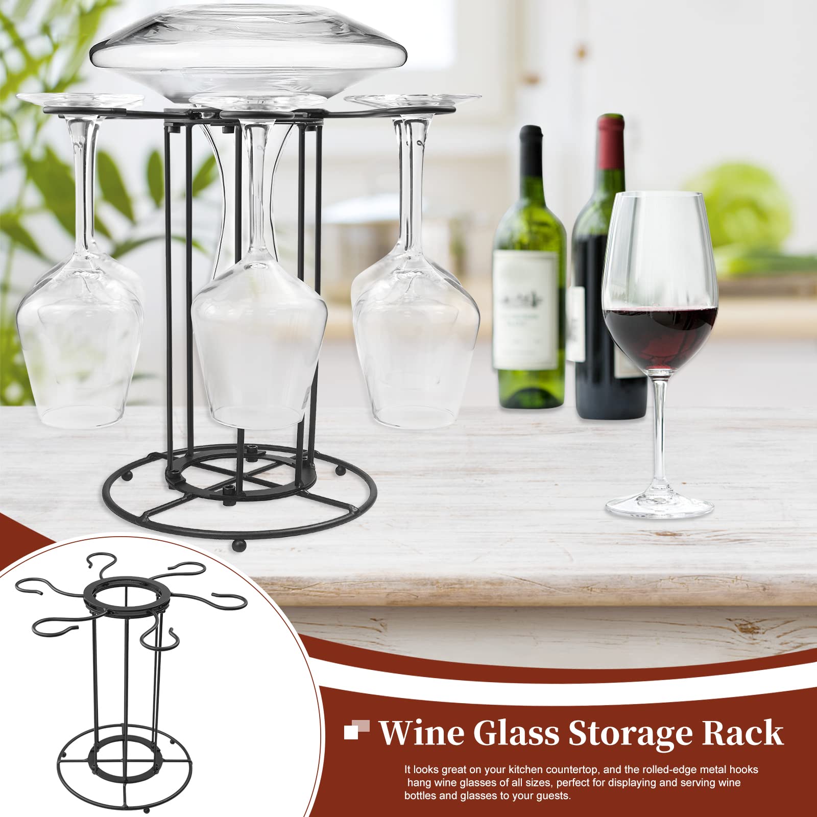Metal Countertop Wine Glass Rack, Tabletop Bottles Stemware Storage Display Holder Holds 6 Cups 1 Bottle, Freestanding Wine Glasses Stand for Kitchen Home Bar Cabinet Pantry Decor (Style 1)