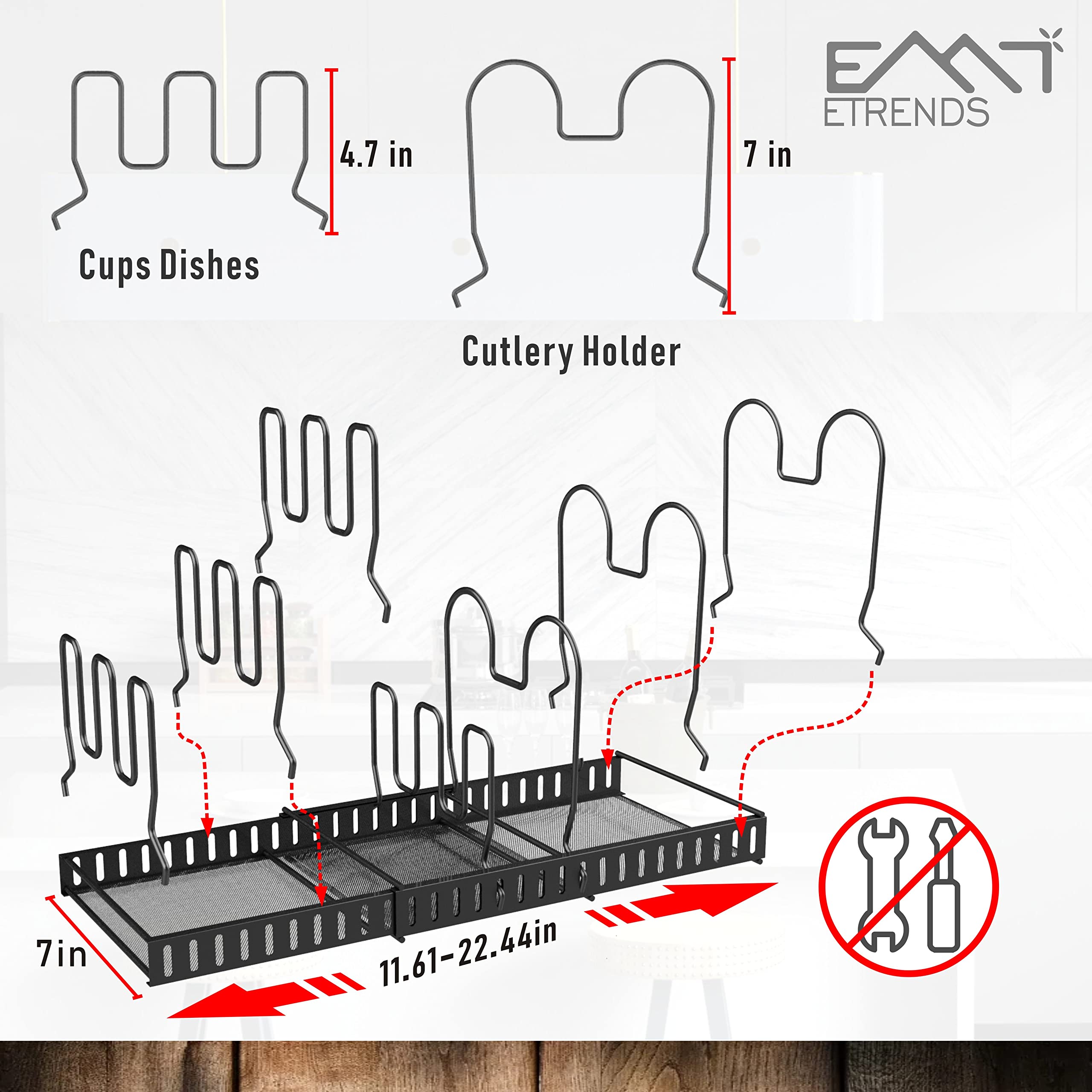 EMT ETRENDS Pots and Pans Organizer, Adjustable 2 Packs Pot Organizer with 7 Dividers and Bottom Mesh, Expandable Pot and Pan Organizer for cabinet, Kitchen Counter, Blackā¦