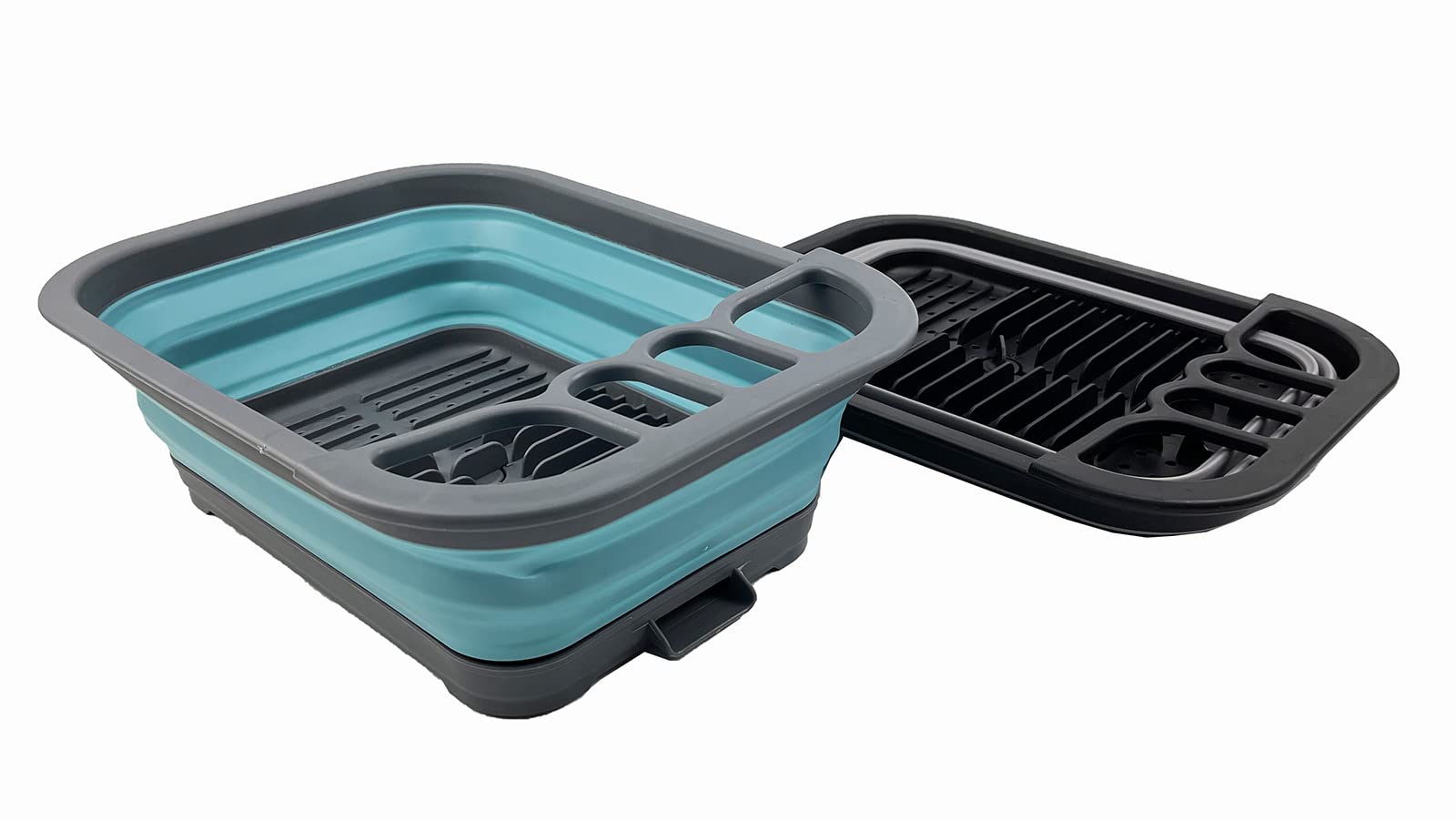SAMMART 7.3L (1.9 Gallon) Collapsible Dish Drainer with Drainer Board - Foldable Drying Rack Set - Portable Dinnerware Organizer - Space Saving (Alloy Grey + Crystal Blue (Set of 2))