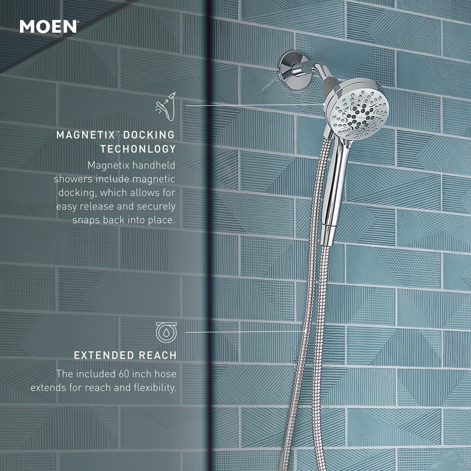 Moen Chrome Engage Magnetix 3.5-Inch Six-Function Eco-Performance Handheld Showerhead with Magnetic Docking System, Removable Shower Head with Metal Hose, 26100EP