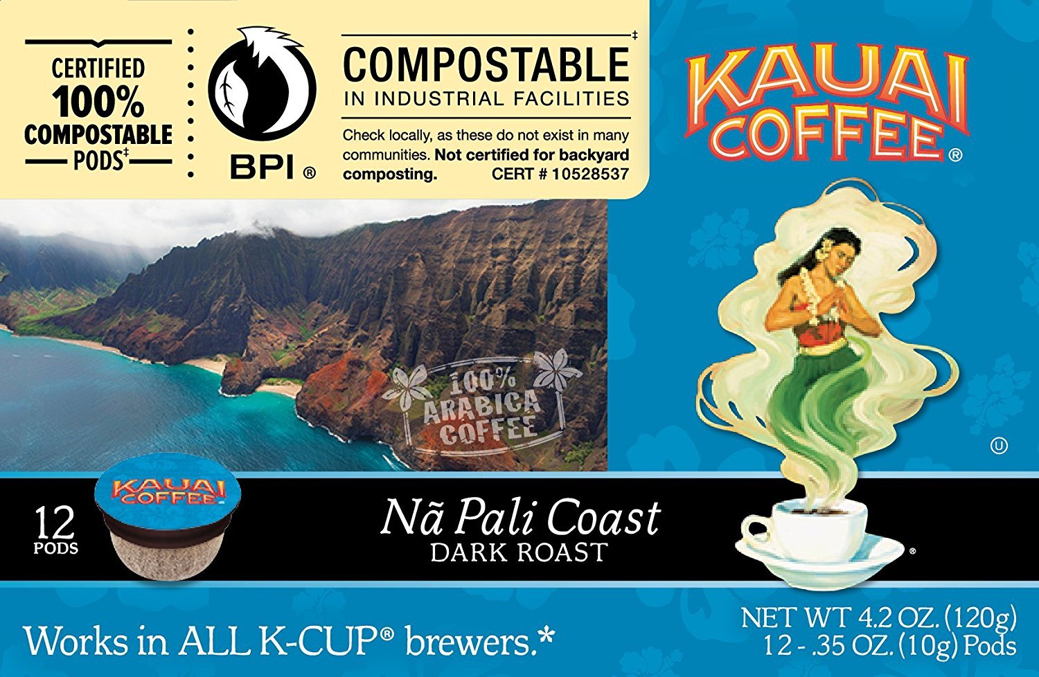 Kauai Coffee Single-Serve Pods, Na Pali Coast Dark Roast – Arabica Coffee from Hawaii’s Largest Coffee Grower, Compatible with Keurig K-Cup Brewers - 12 Count
