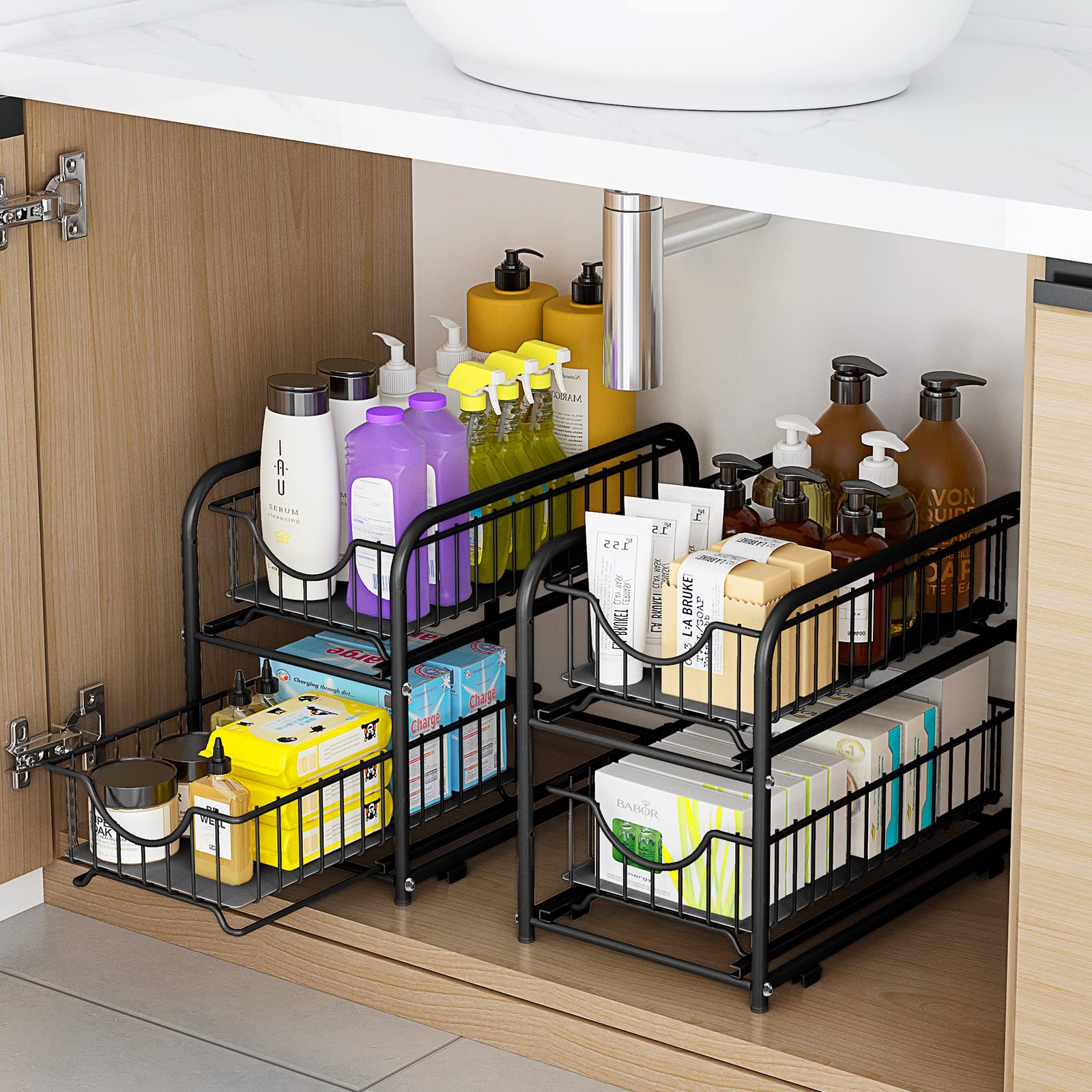 AIYAKA under sink storage 2 Tier Stackable Sliding Basket Organizer Drawer For Kitchen And Bathroom/Cabinet Drawers,2-piece,black