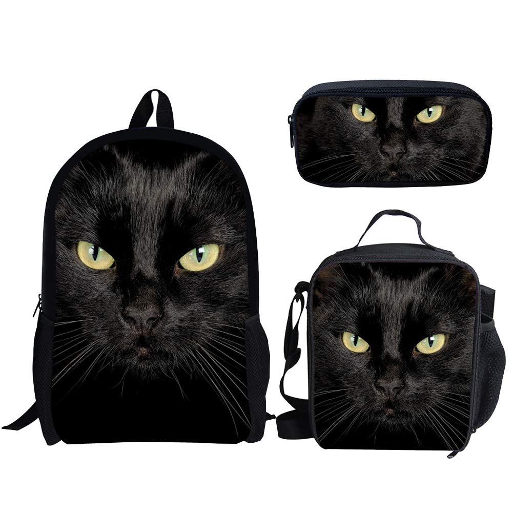 School Backpack Set Lunch Bags Pencil Case Cool Black Cat Print Bookbags 3 Pcs Set for for Kids/ Girls