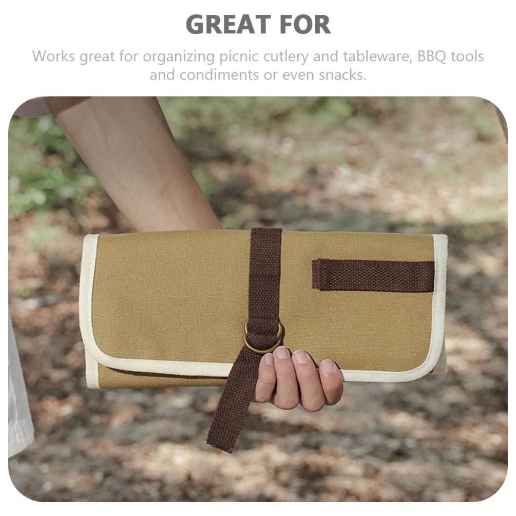 ifundom Roll up Cultery Bag Canvas Roll Up Culinary Bag Cutlery Storage Case Portable Silverware Tool Roll Bag Cover for Cooking and Camping