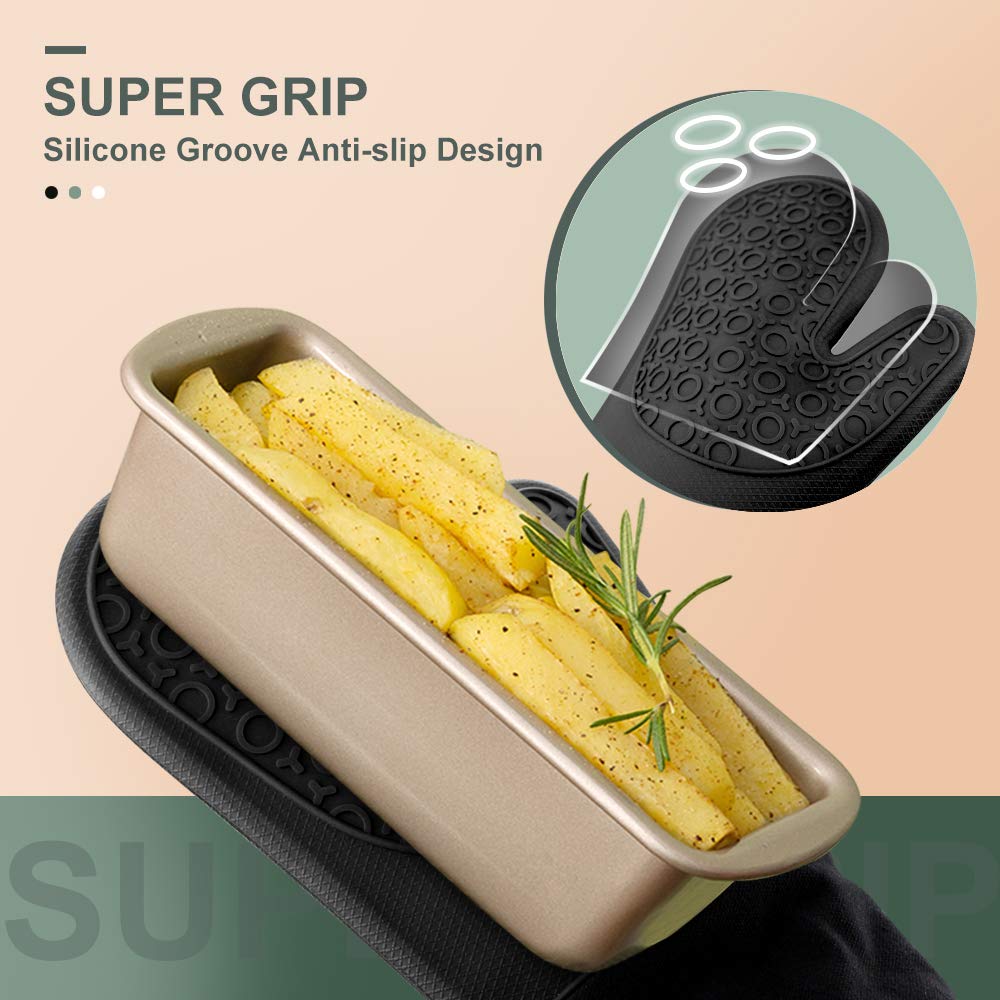 Extra Long Silicone Oven Mitts, sungwoo Durable Heat Resistant Oven Gloves with Quilted Liner Non-Slip Textured Grip Perfect for BBQ, Baking, Cooking and Grilling - 1 Pair 14.6 Inch Black