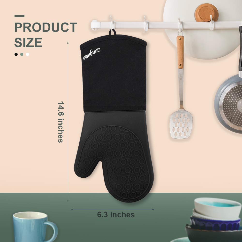 Extra Long Silicone Oven Mitts, sungwoo Durable Heat Resistant Oven Gloves with Quilted Liner Non-Slip Textured Grip Perfect for BBQ, Baking, Cooking and Grilling - 1 Pair 14.6 Inch Black