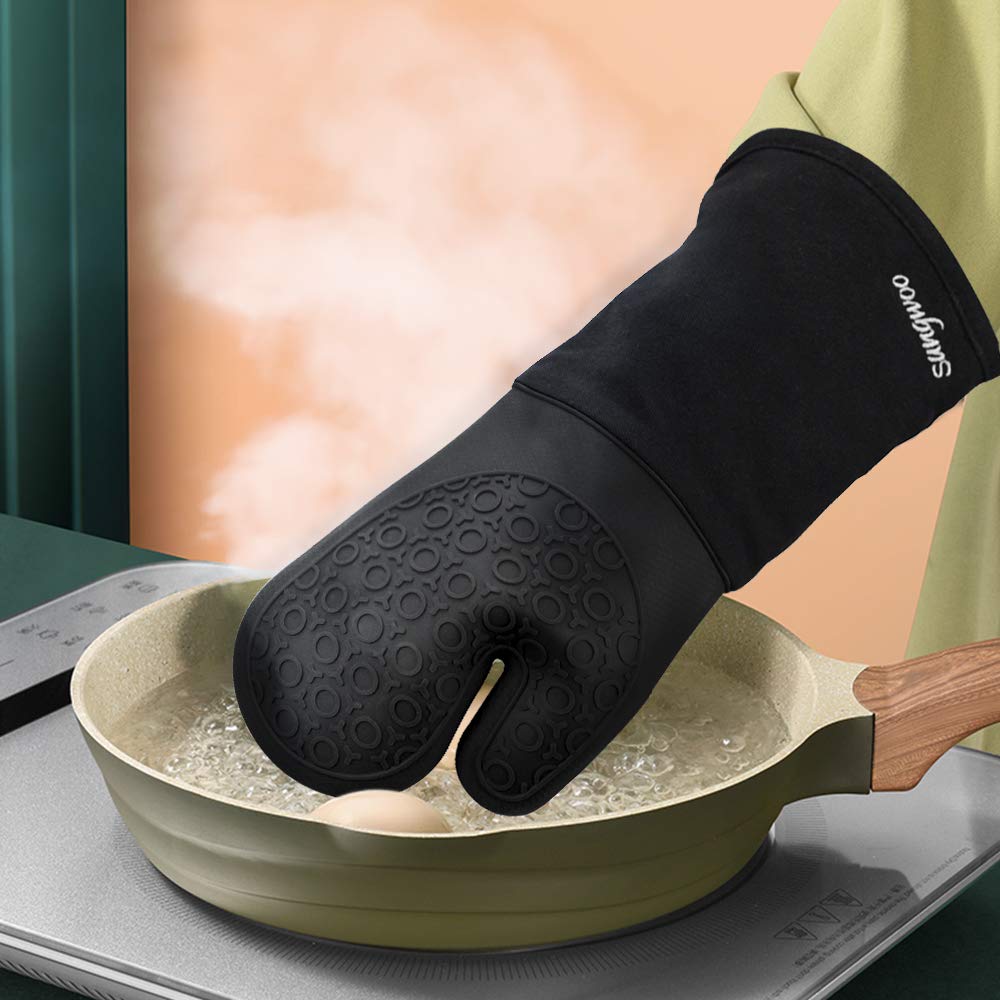 Extra Long Silicone Oven Mitts, sungwoo Durable Heat Resistant Oven Gloves with Quilted Liner Non-Slip Textured Grip Perfect for BBQ, Baking, Cooking and Grilling - 1 Pair 14.6 Inch Black