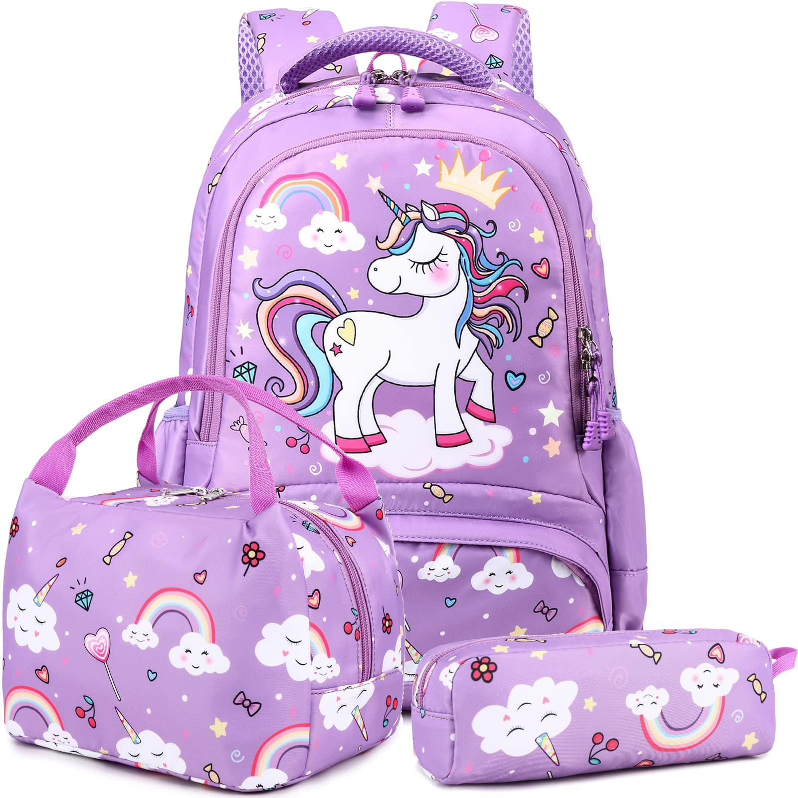 Meisohua School Backpack for Girls Elementary Unicorn Backpack Set 3 in 1 Kids Bookbags Schoolbag Sets with Lunch Bag Pencil Case