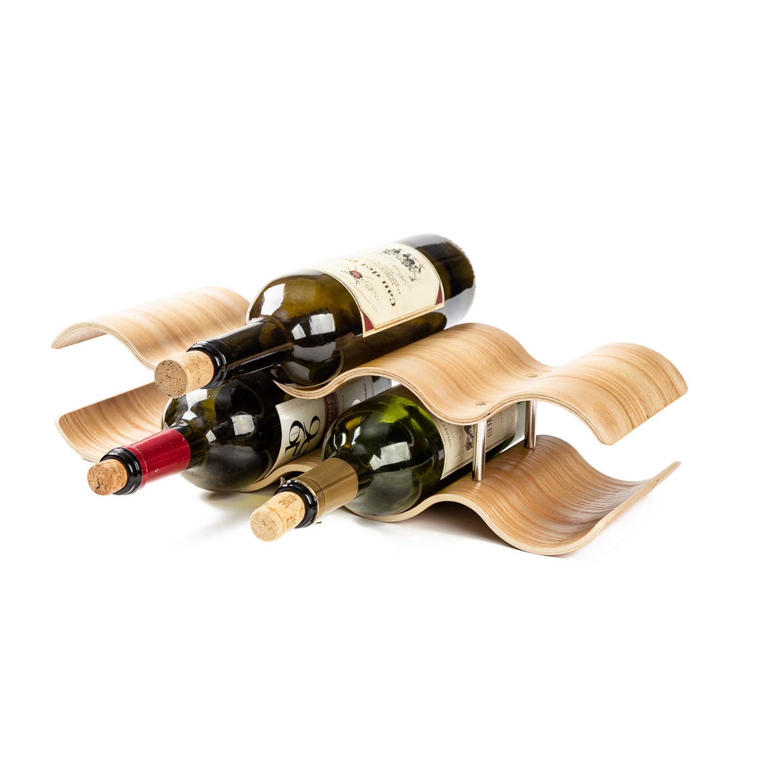 Asian Home 7 Bottle 2-Tier Wave Desktop Wine Rack Freestanding Countertop Bottle Holder for Wine Storage, Wood, Modern and Minimalist