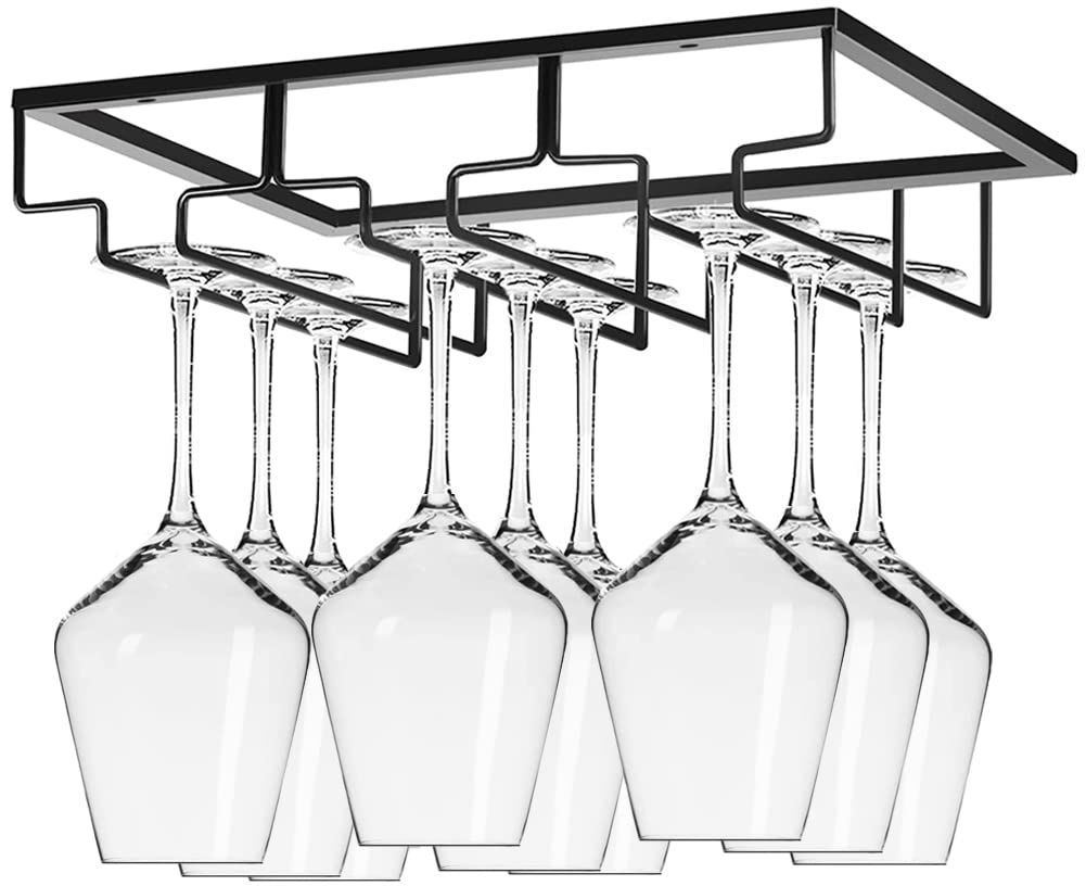3 Rows Wine Glass Rack Under Cabinet Black Stemware Holder Storage Hanger Metal Organizer for Bar Kitchen Shelf