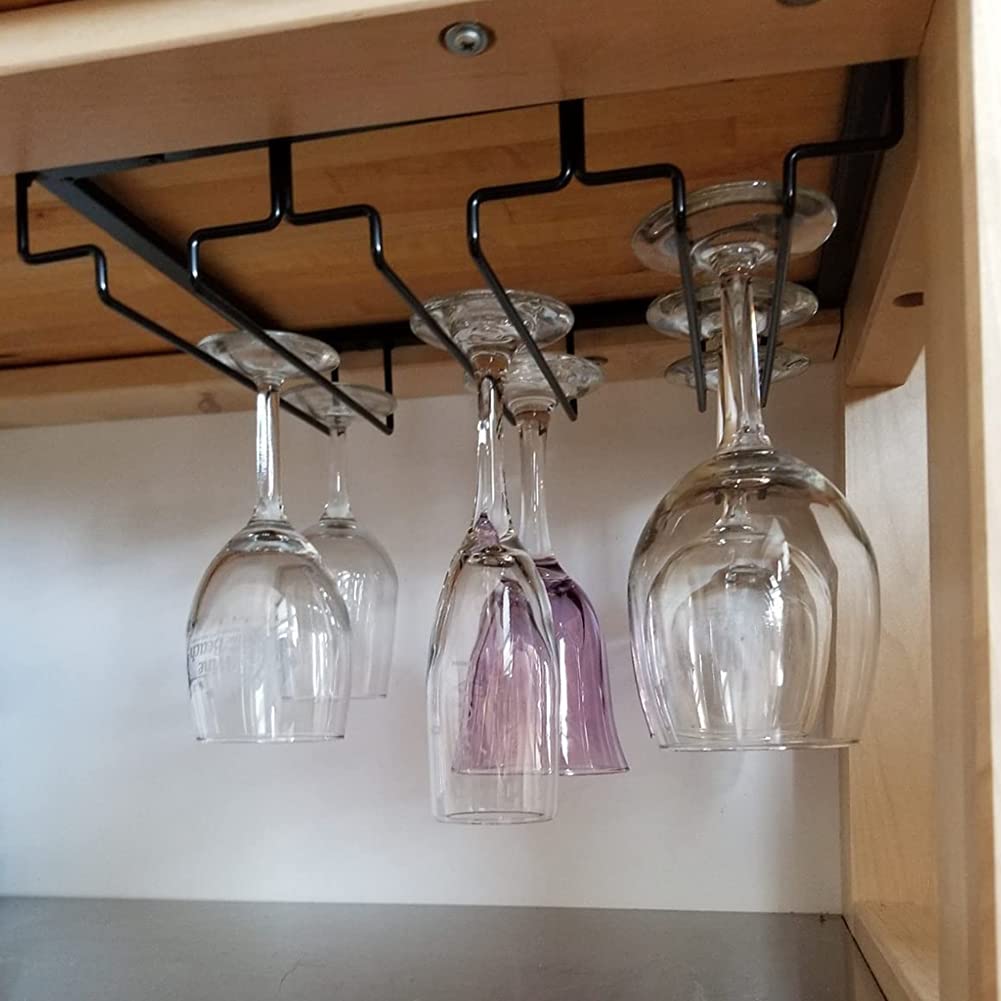 3 Rows Wine Glass Rack Under Cabinet Black Stemware Holder Storage Hanger Metal Organizer for Bar Kitchen Shelf