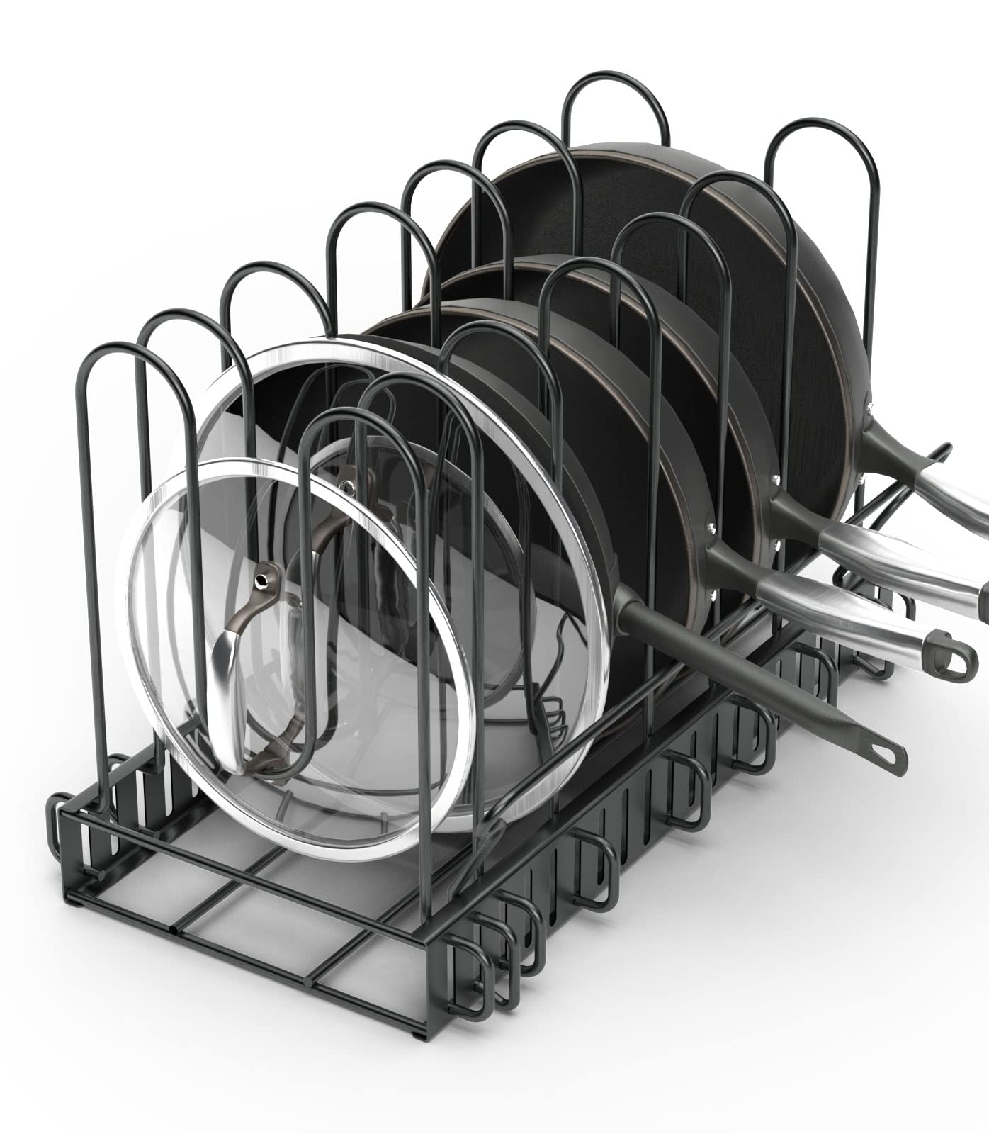 Vdomus Pan Organizer with Pot lid Holder Handle Bracket Design, Black Metal Kitchen Pot and pan organizer rack for cabinet or Counter, pot organizer with 7 adjustable dividers