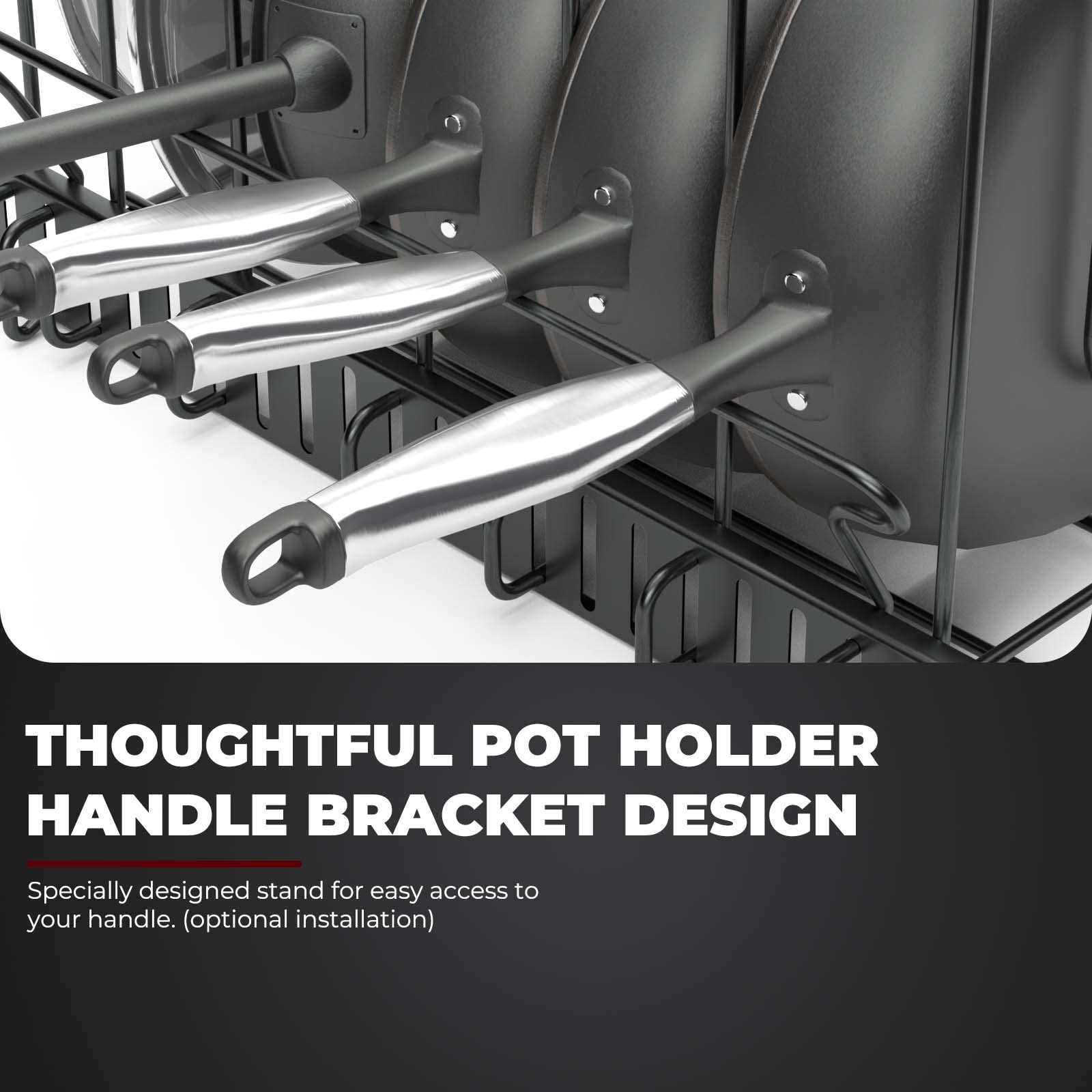 Vdomus Pan Organizer with Pot lid Holder Handle Bracket Design, Black Metal Kitchen Pot and pan organizer rack for cabinet or Counter, pot organizer with 7 adjustable dividers