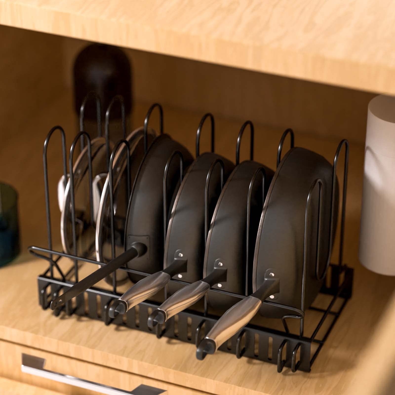 Vdomus Pan Organizer with Pot lid Holder Handle Bracket Design, Black Metal Kitchen Pot and pan organizer rack for cabinet or Counter, pot organizer with 7 adjustable dividers