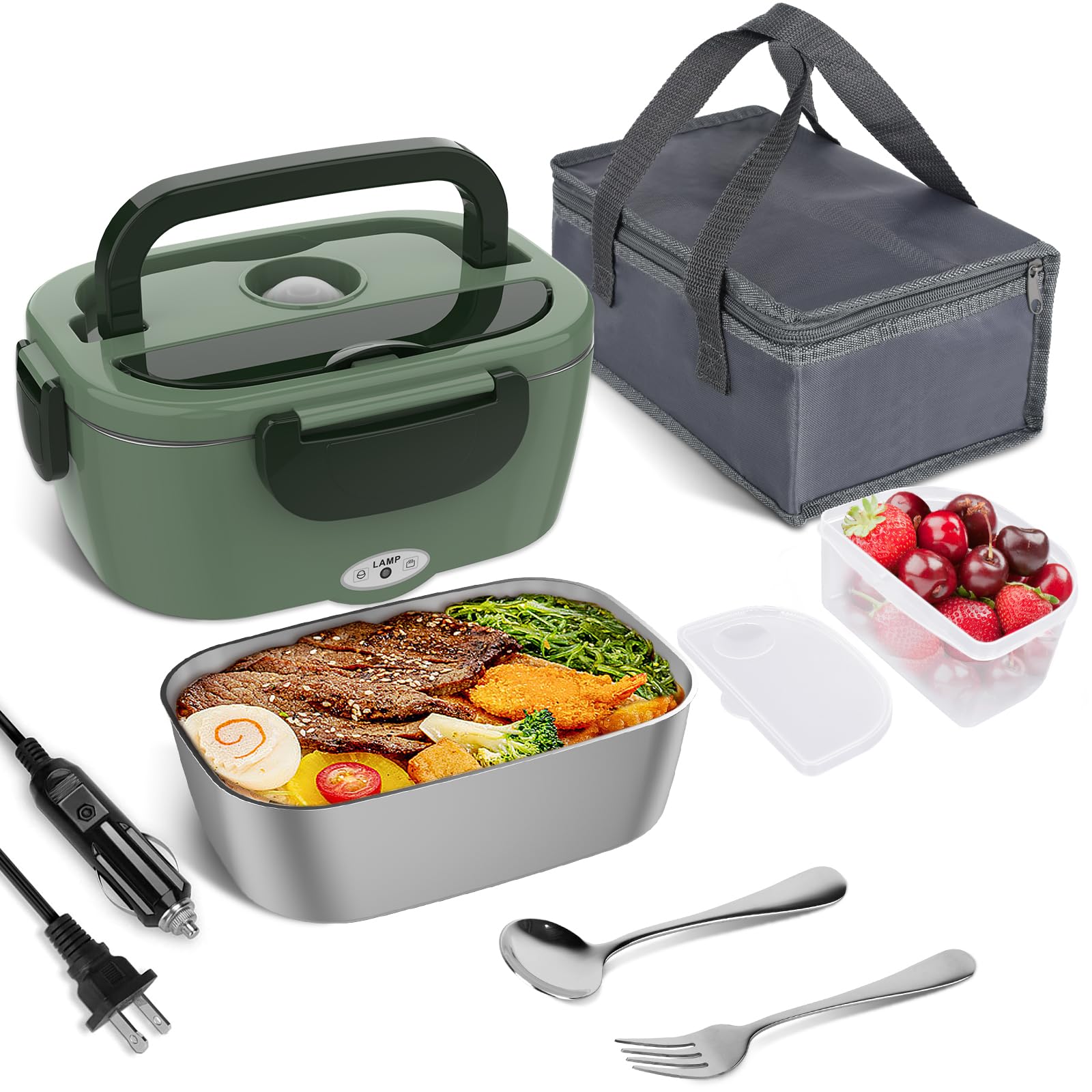 Vabaso Electric Lunch Box Food Heater, 2 in 1 Portable Heated Lunch Box for Car Truck Home Work Adults Food Heating, Leak Proof, 1.5L Removable Stainless Steel Container, 110V/12V/24V 60W