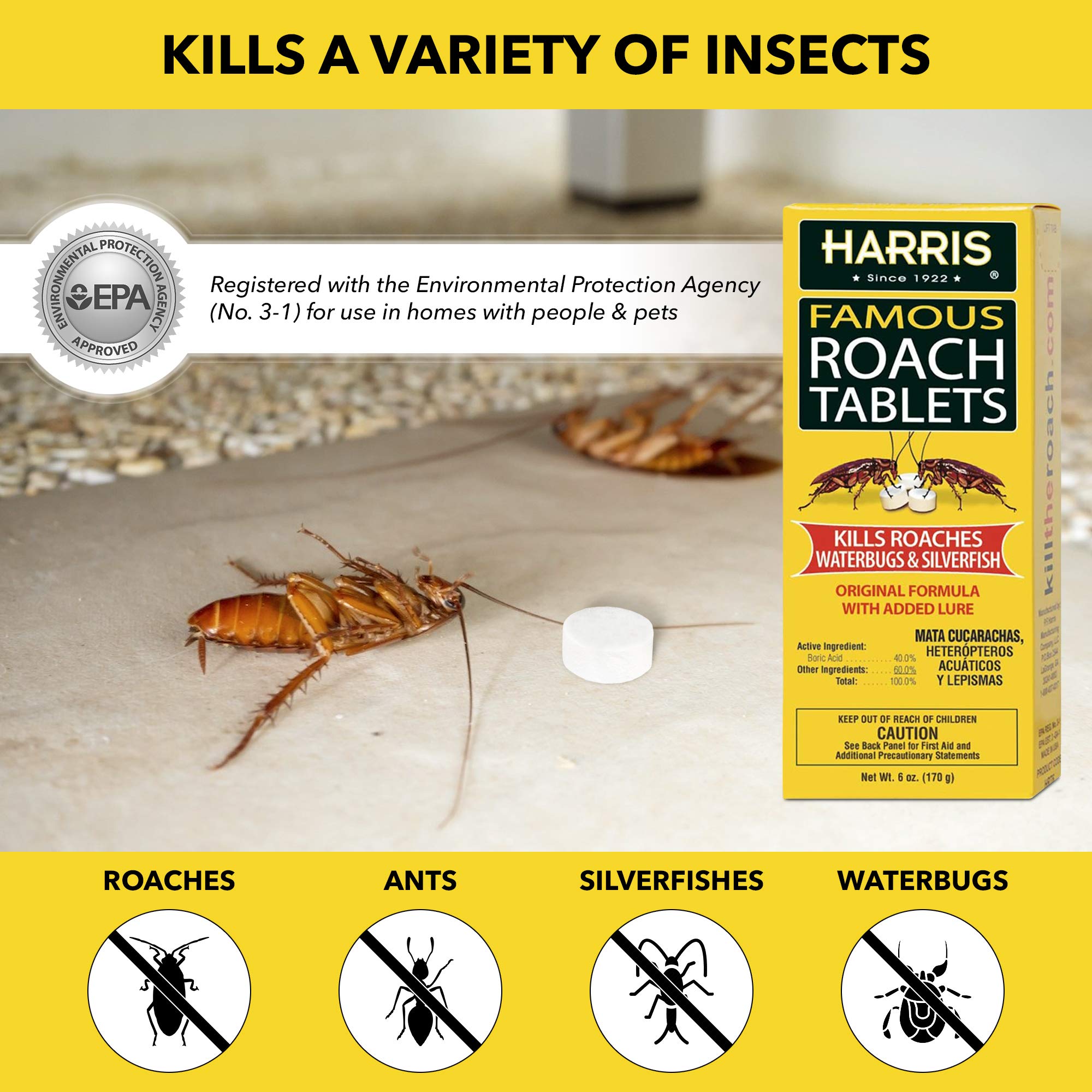 Harris Roach Tablets, Boric Acid Roach Killer with Lure, Alternative to Bait Traps (6oz, 145 Tablets)