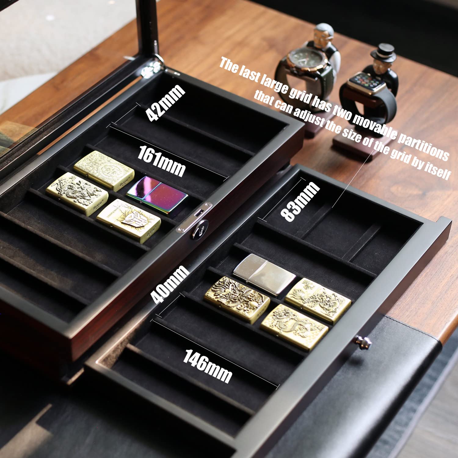 Besforu Pocket Knife Display Case for men collection holder 15-17 folding knife with Walnut Finish Two-Tier Knife organizer storage box with Real Glass Window Top (ebony veneer with draw)