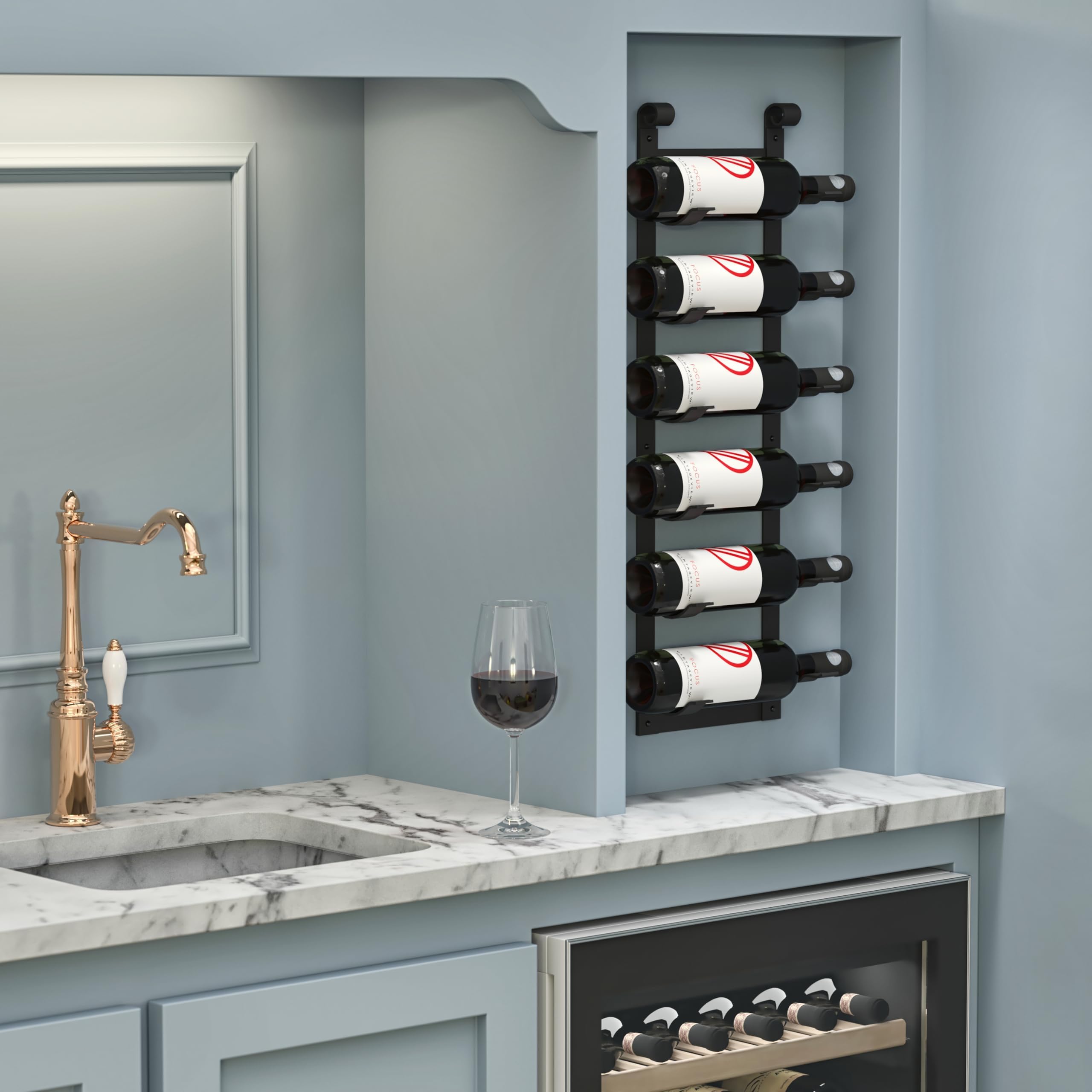 VintageView Le Rustique 6 Bottle Wall Mounted Wine Rack Stylish Modern Wine Storage with Label Forward Design (Matte Black, Set of 1)