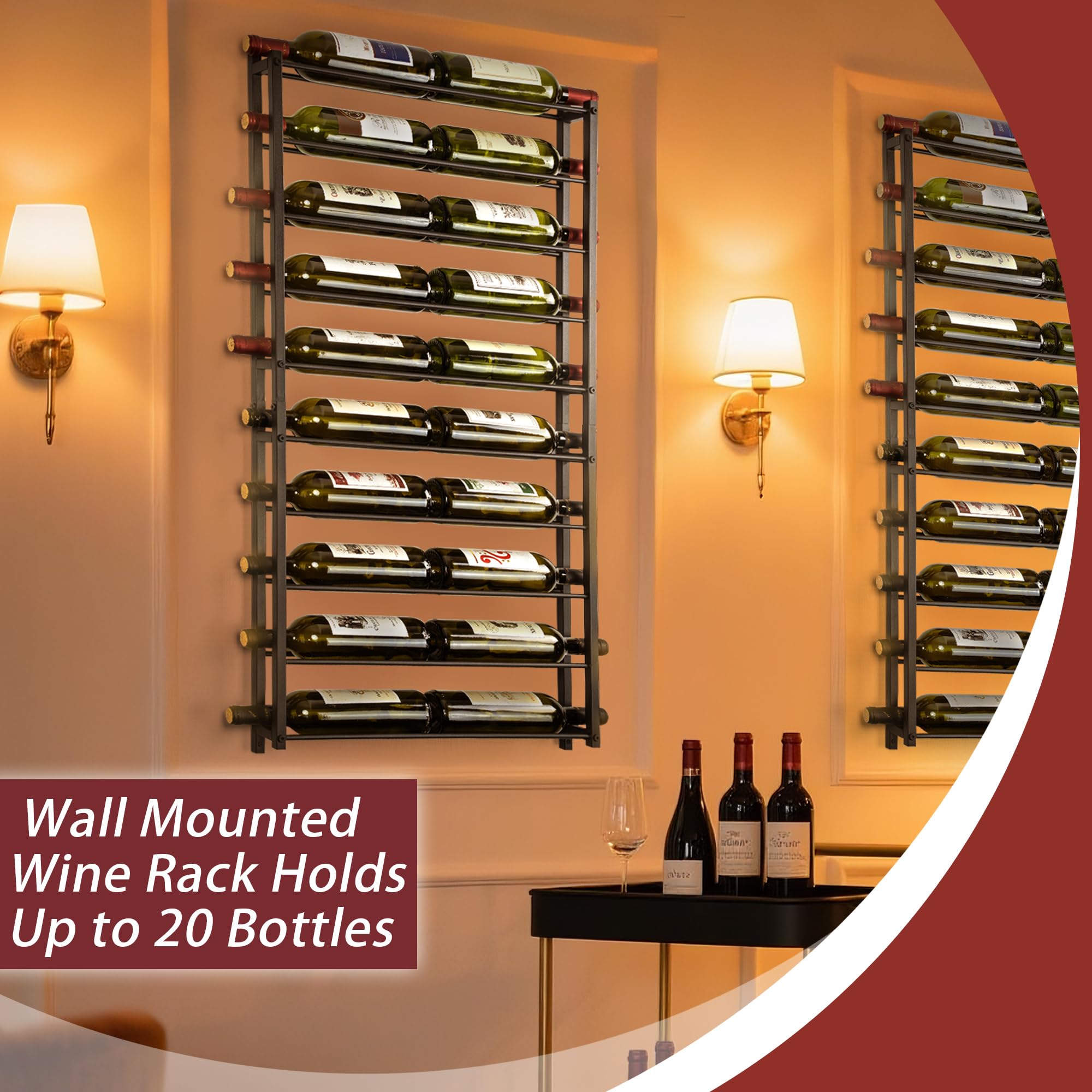 AQAREA Wine Rack Wall Mounted Wine Rack (Black/Metal) 20 Bottle Wine Rack Wall Mounted, Assembled Wall Wine Storage Holder