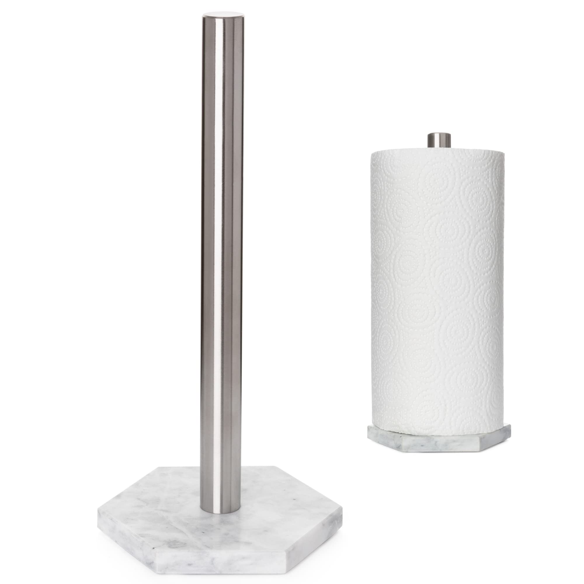 Marble Paper Towel Holder Stand - Modern Paper Towel Holder Dispenser with Hexagonal Heavy Marble Base, Easy Assembly- Paper Towel Holder Marble with Anti-Slip Pads - Standing Paper Towel Roll Holder