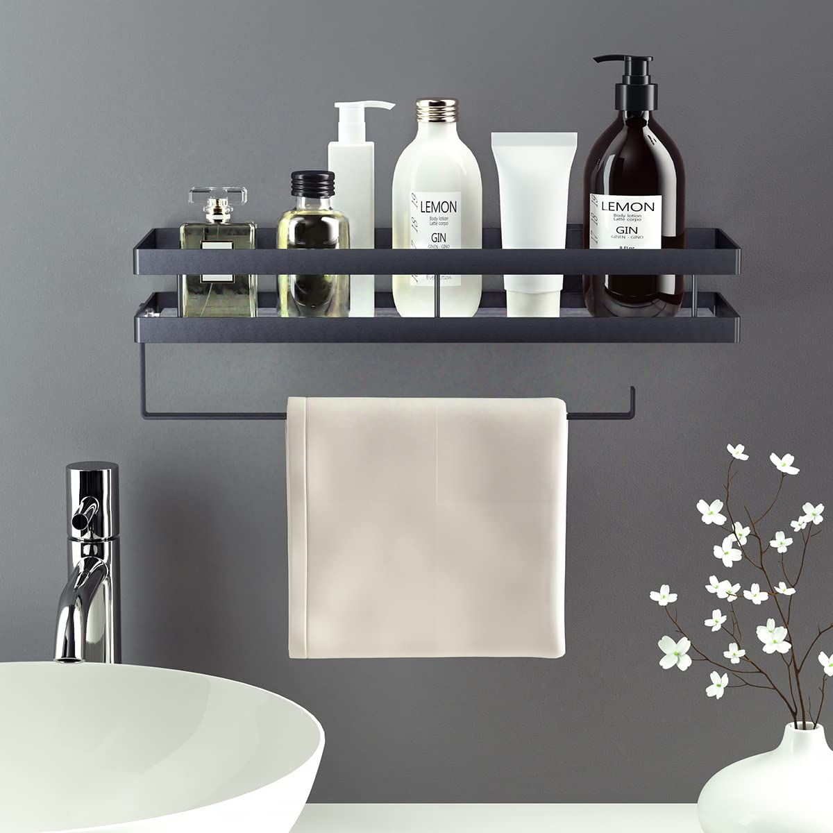 PINNIYOU Paper Towel Holder with Spice Rack and Multi-Purpose Shelf Wall Mount Storage Organizer for Kitchen, Pantry, Laundry, Bathroom, Toilet Garage - Durable Metal Wire Design - Black