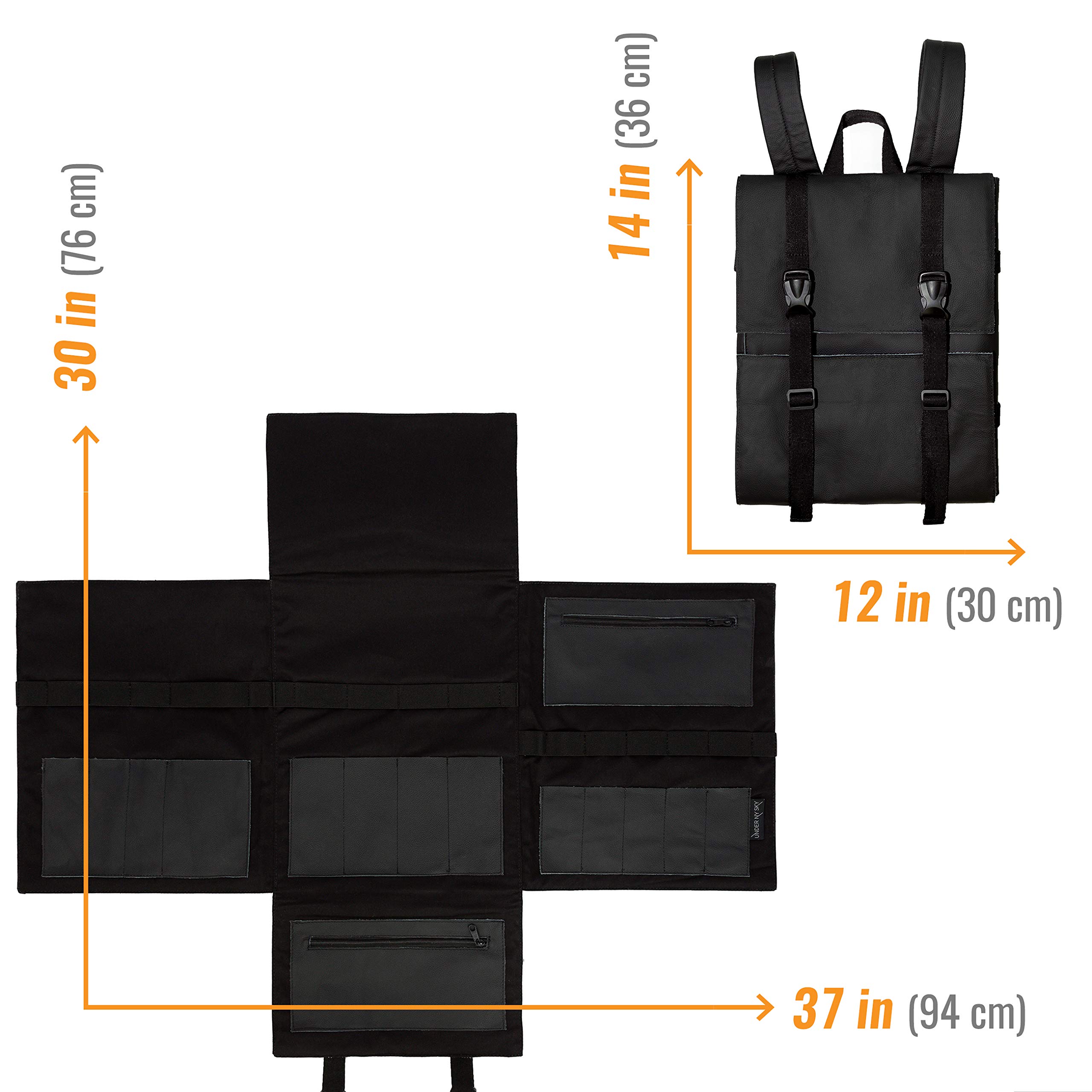 Under NY Sky Knife Bag - Black Real Leather - 13 Knife Slots, 2 Zipped Pockets for Kitchen Utensils, Large Pocket for Tablets & Notebooks - Expandable - Tool Storage Bag Style for Chefs, Cooks, BBQ