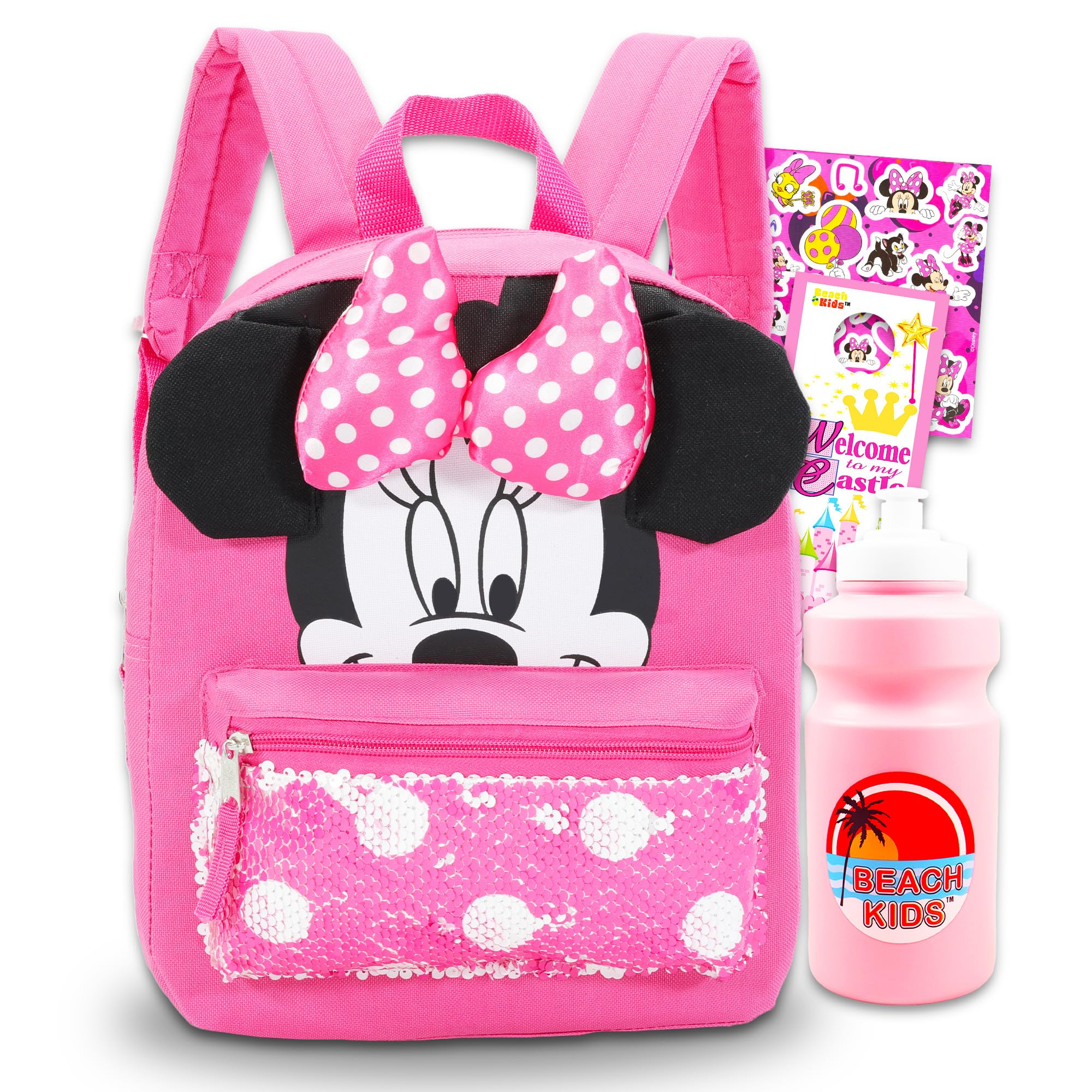 Disney Minnie Mouse Backpack for Girls Bundle ~ Deluxe 12" Mini Sequin Bag with Stickers (Minnie Mouse School Supplies)