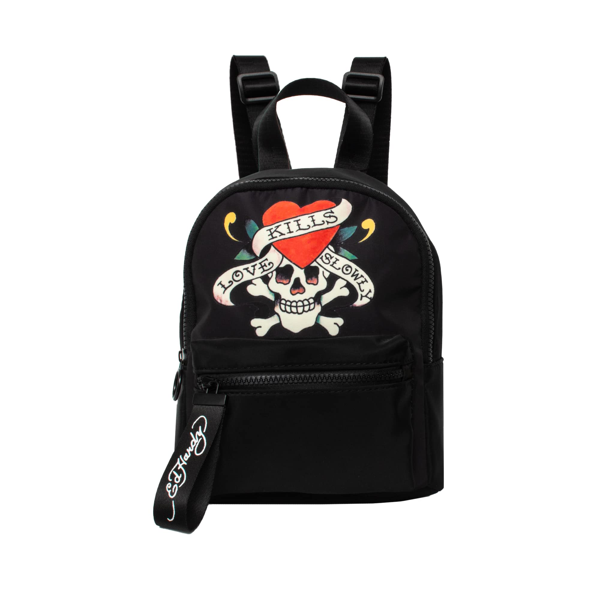 Ed Hardy Unisex Nylon Skull On Black Backpack with Top Handle and Adjustable Shoulder Strap