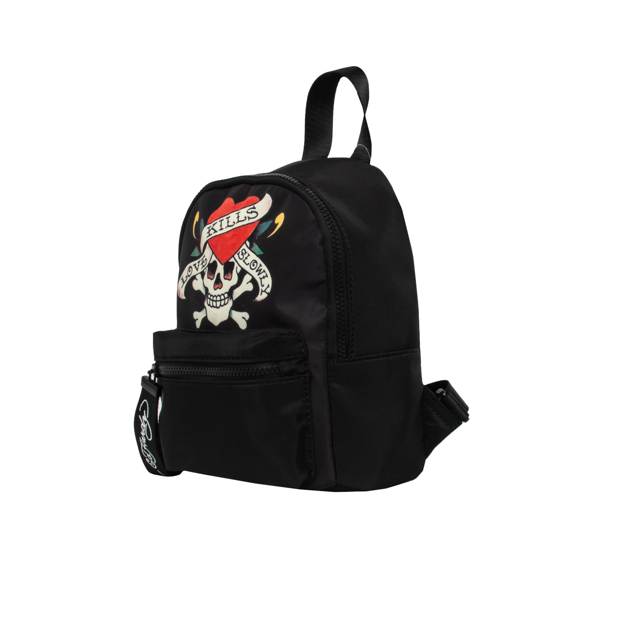 Ed Hardy Unisex Nylon Skull On Black Backpack with Top Handle and Adjustable Shoulder Strap