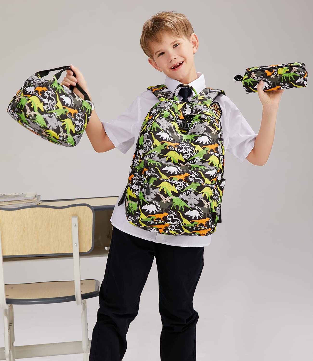 Ecodudo Cute Lightweight Dinosaur Backpacks Boys School Bags Kids Bookbags with Lunch Bag (Colorful Dinosaur Set)