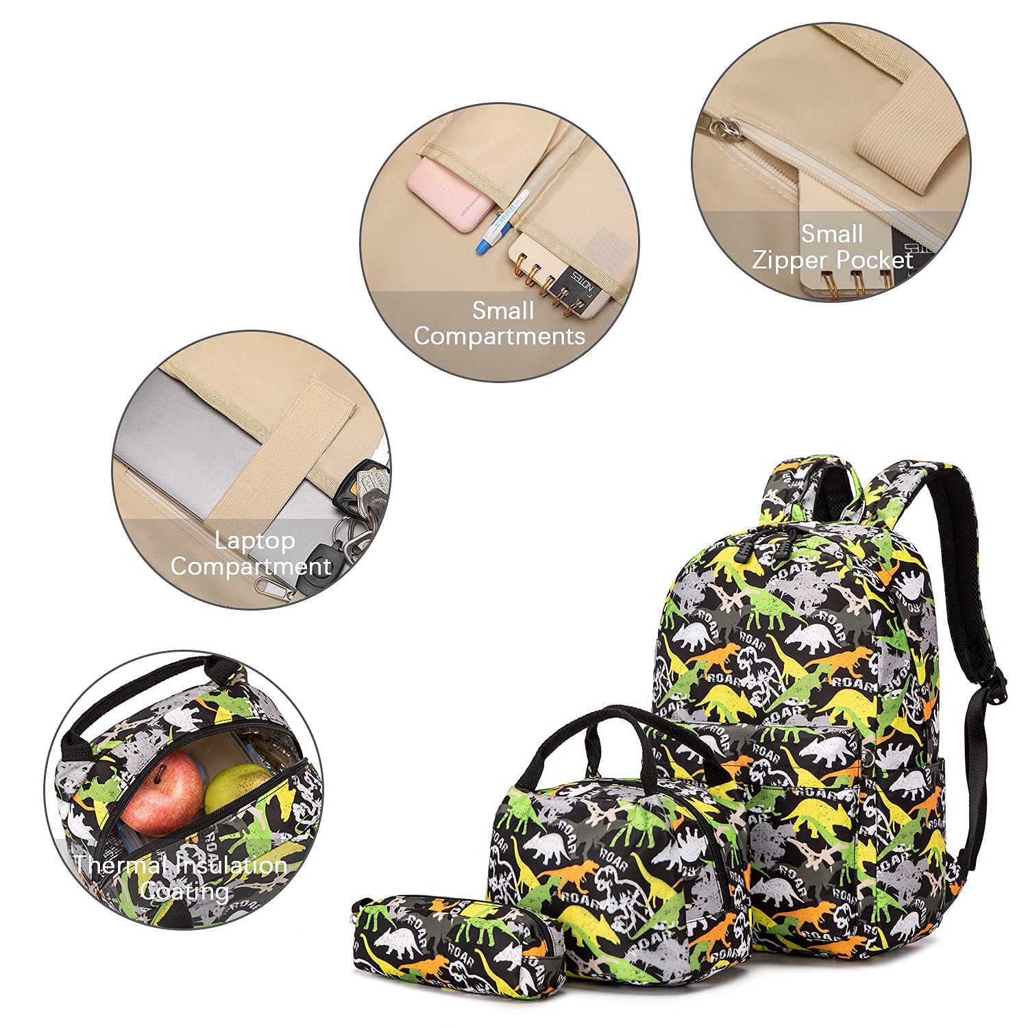 Ecodudo Cute Lightweight Dinosaur Backpacks Boys School Bags Kids Bookbags with Lunch Bag (Colorful Dinosaur Set)