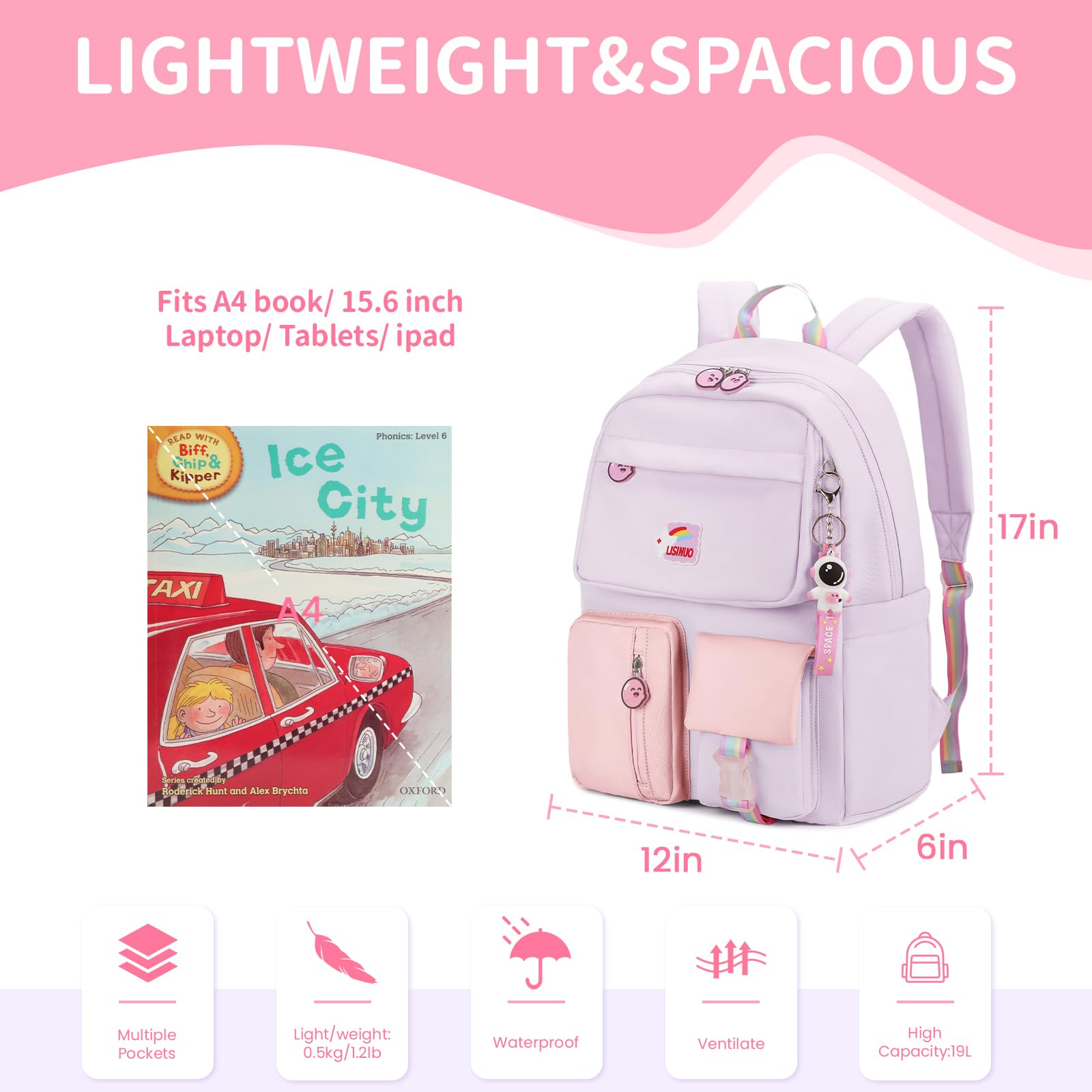 LISINUO Backpack for Girls Kids Schoolbag Children Bookbag Women Casual Daypack (Purple)
