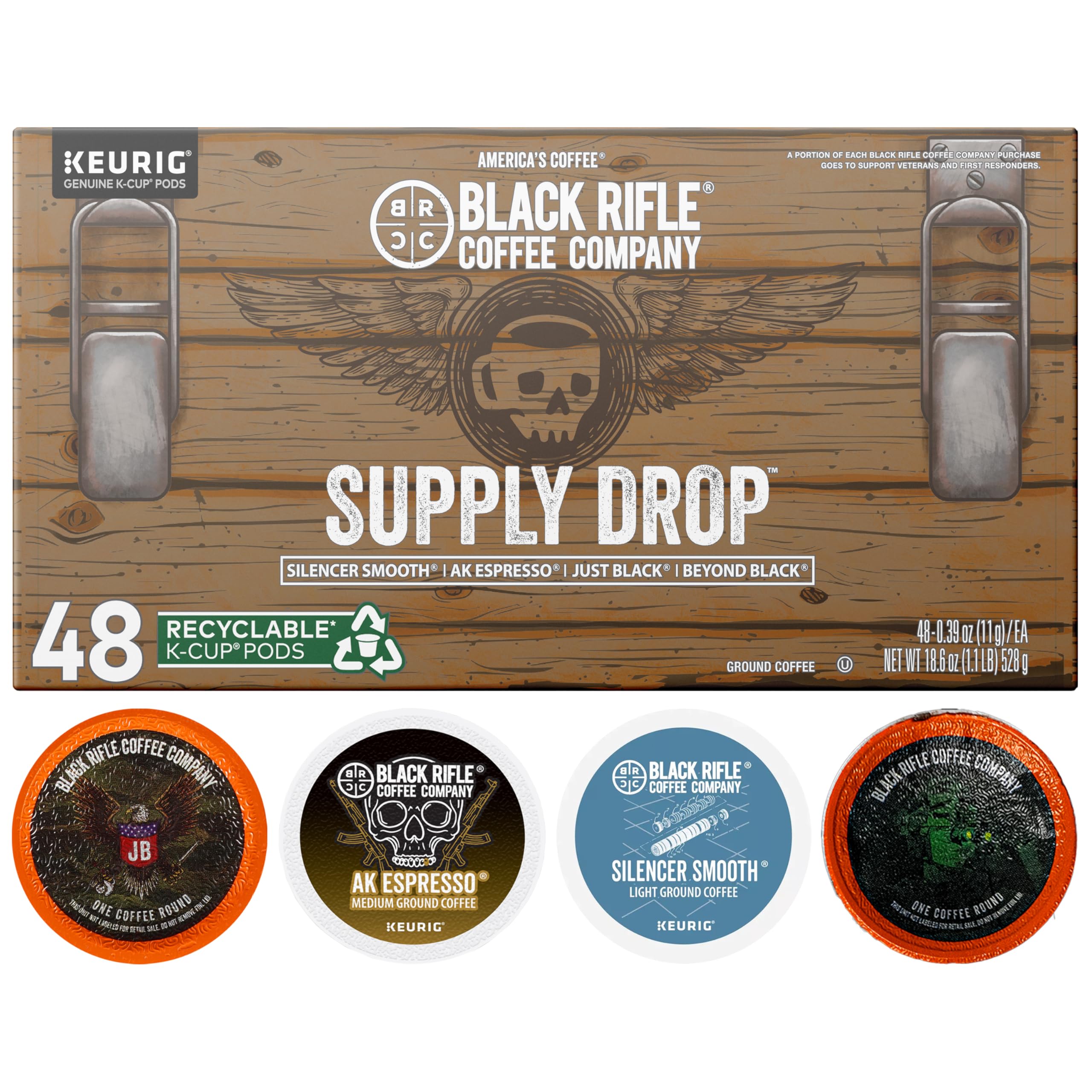 Black Rifle Coffee Supply Drop Variety Pack (48 Count of Pods) Contains a Mix of Silencer Smooth (Light Roast), AK Espresso (Medium Roast), Just Black (Medium Roast), and Beyond Black (Dark Roast), Help Support Veterans and First Responders
