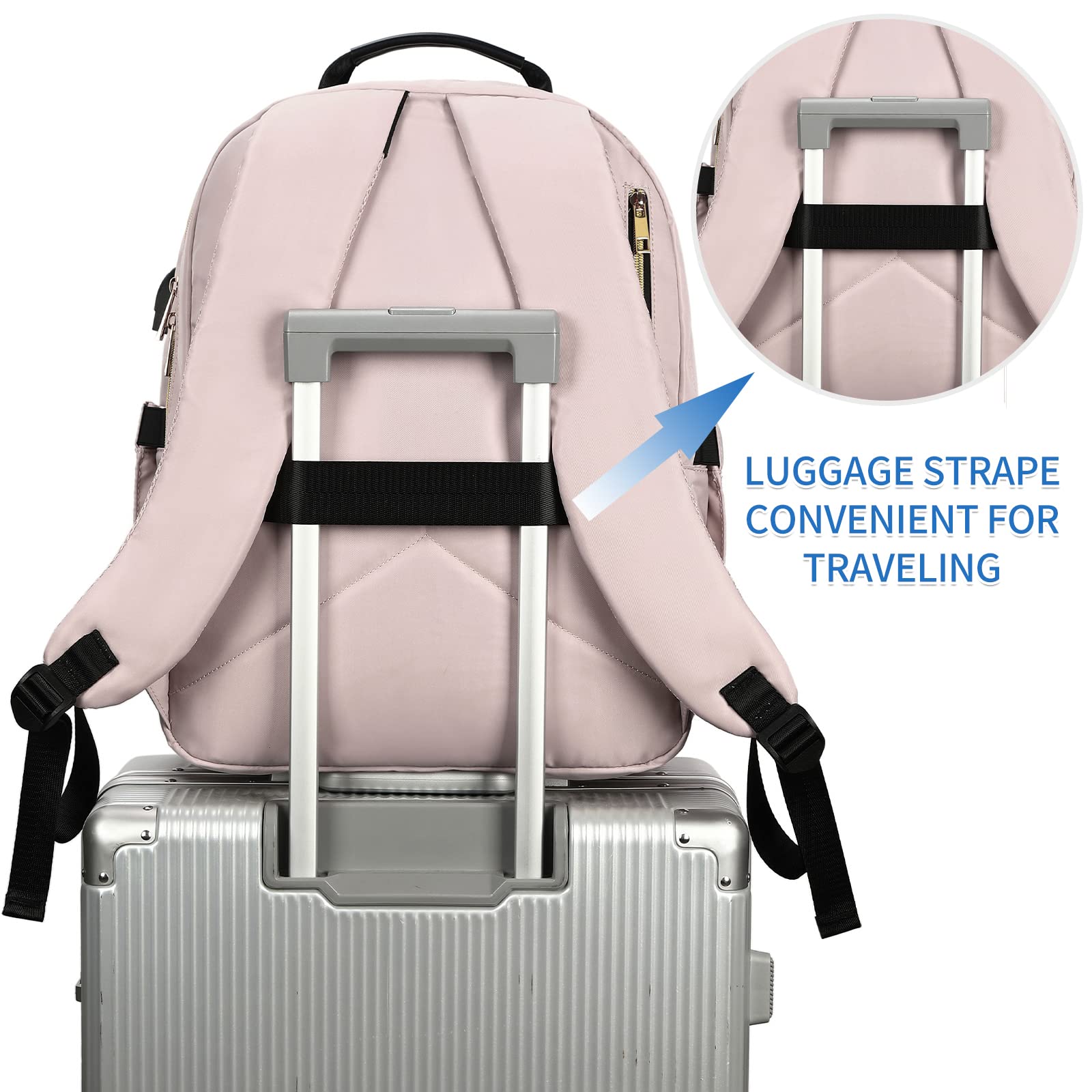 WISEILD Laptop Backpack for Women Quilted Travel Backpack Purse, Work Computer Bags Bookbag Teacher Back Pack with USB Port(15.6 Inch Nude Pink)