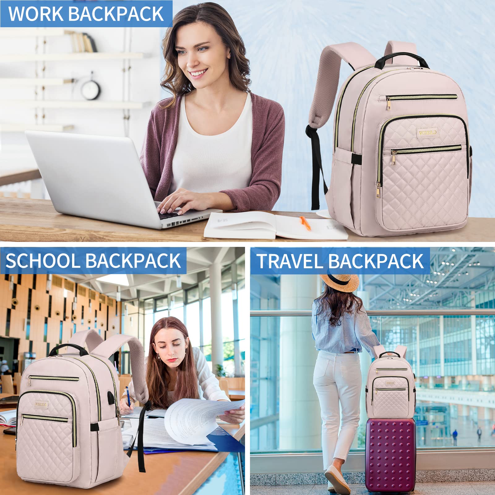 WISEILD Laptop Backpack for Women Quilted Travel Backpack Purse, Work Computer Bags Bookbag Teacher Back Pack with USB Port(15.6 Inch Nude Pink)