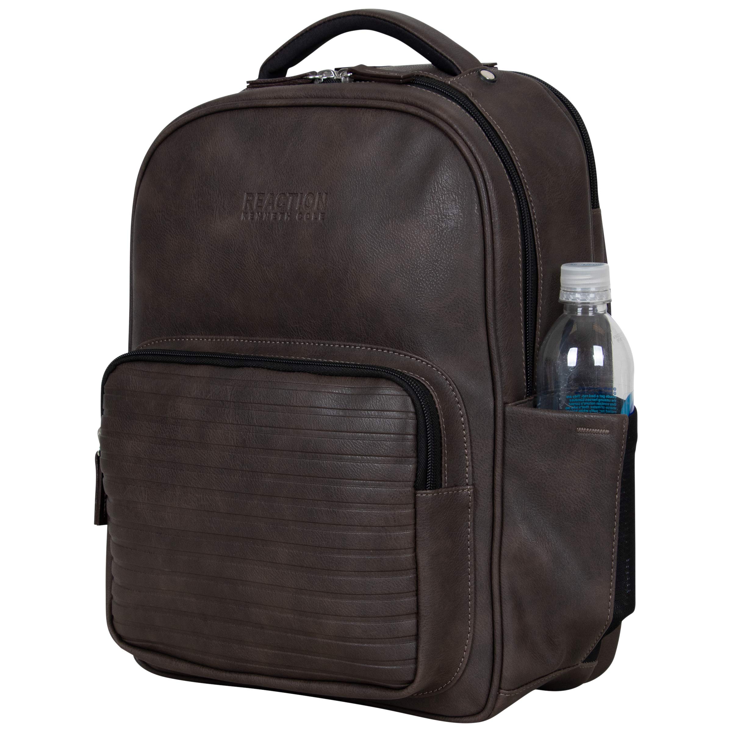 Kenneth Cole On Track Pack Vegan Leather 15.6β Laptop & Tablet Bookbag Anti-Theft RFID Backpack for School, Work, & Travel, Brown, Laptop