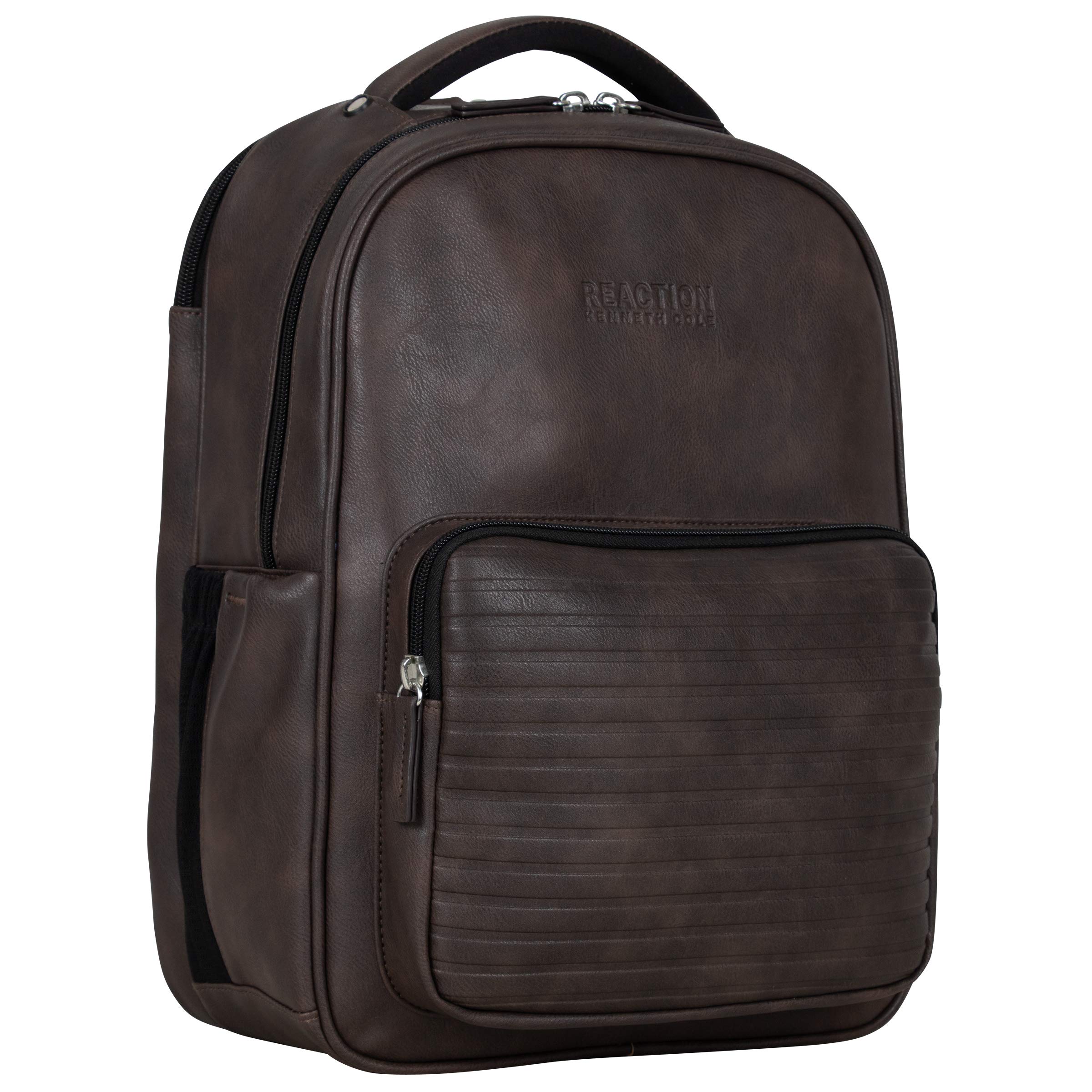Kenneth Cole On Track Pack Vegan Leather 15.6β Laptop & Tablet Bookbag Anti-Theft RFID Backpack for School, Work, & Travel, Brown, Laptop