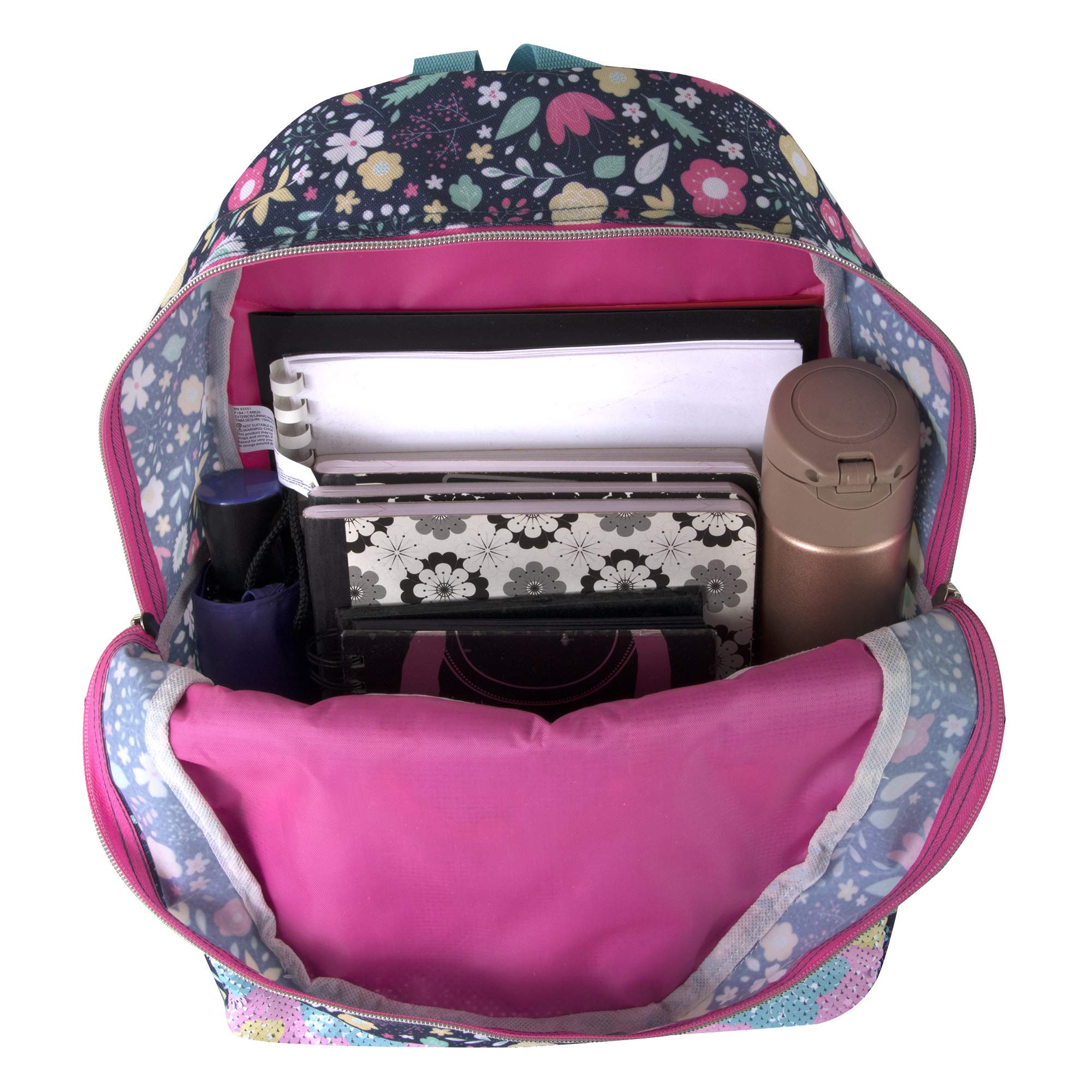 MADISON & DAKOTA Reversible Glitter Sequin Backpacks for Girls and Women, with Padded Back and Adjustable Straps (Flowers)