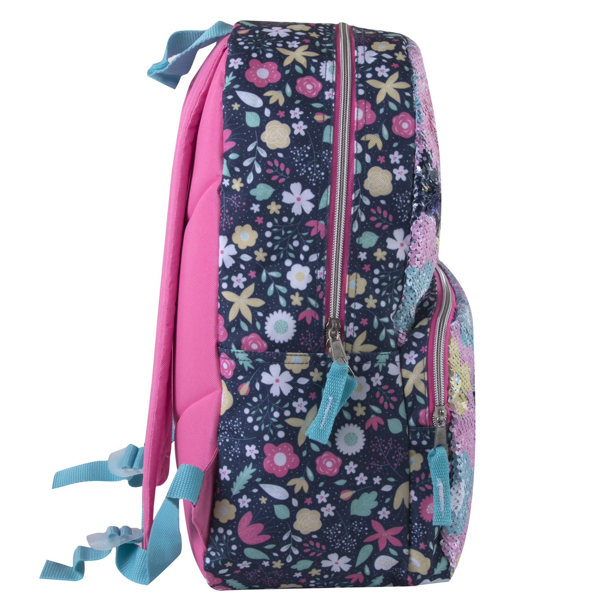 MADISON & DAKOTA Reversible Glitter Sequin Backpacks for Girls and Women, with Padded Back and Adjustable Straps (Flowers)