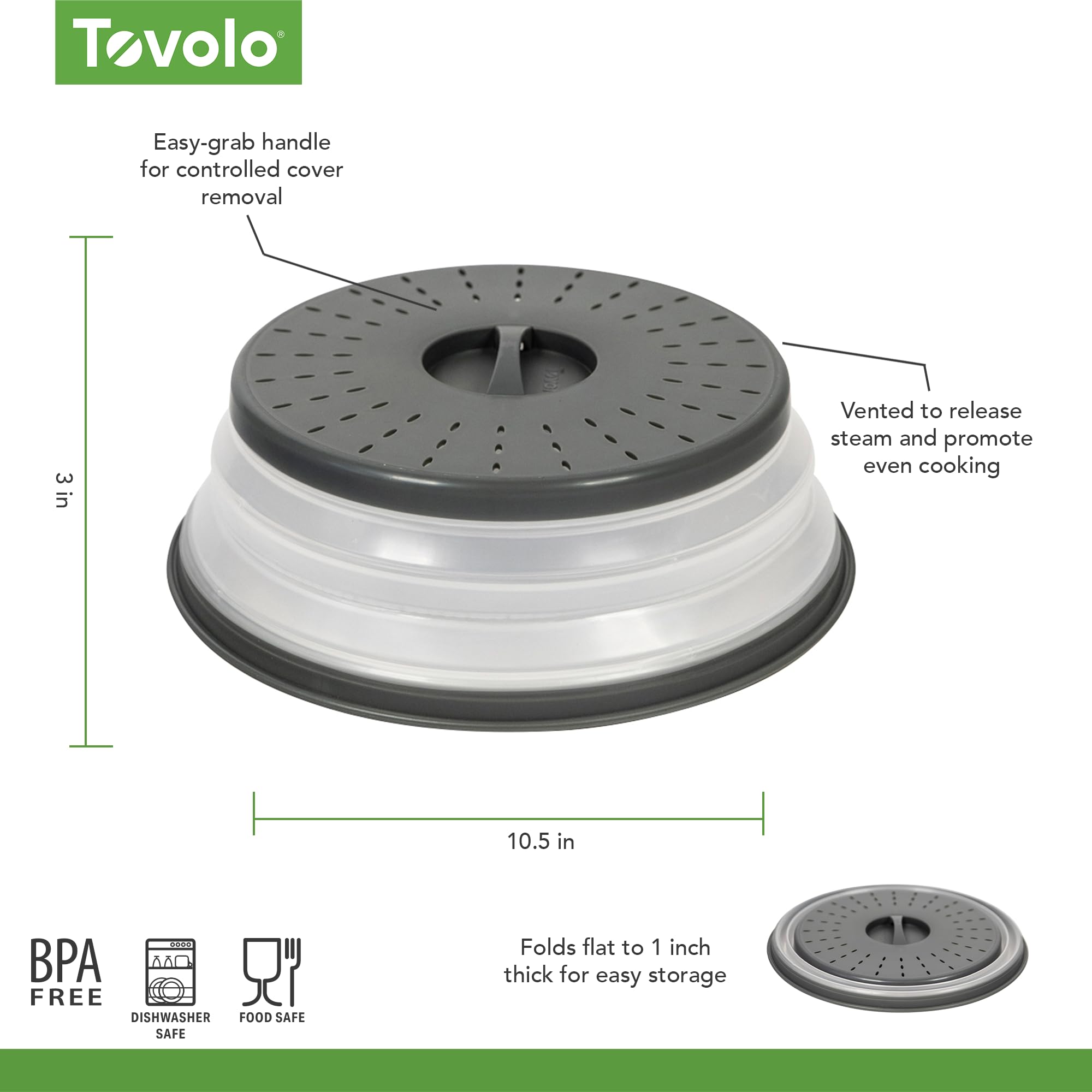 Tovolo Vented Collapsible Medium Microwave Cover (Charcoal) - Splatter Guard & Colander Kitchen Gadget for Food & Meal Prep / Dishwasher-Safe, BPA-Free Silicone & Plastic