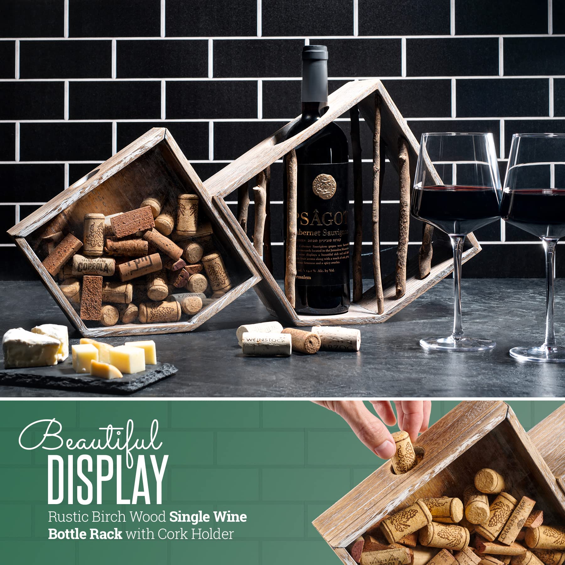 Wine Bottle Holder - Rustic Birch Wood Single Wine Bottle Rack with Cork Holder - Freestanding Wooden Countertop Display Case w/ Branch Accents and Clear Cover, Handmade Gift Decor for Bar or Kitchen