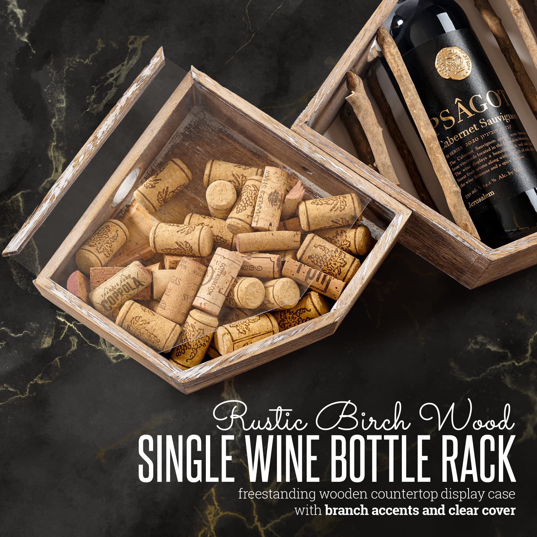 Wine Bottle Holder - Rustic Birch Wood Single Wine Bottle Rack with Cork Holder - Freestanding Wooden Countertop Display Case w/ Branch Accents and Clear Cover, Handmade Gift Decor for Bar or Kitchen